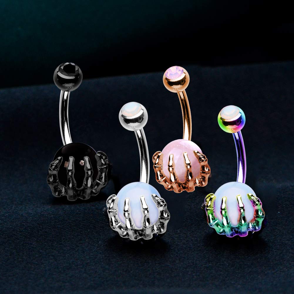 OUFER 14G Stainless Steel Navel Rings Skull Hand with Gem Ball Belly Button Rings Belly Rings Body Piercing