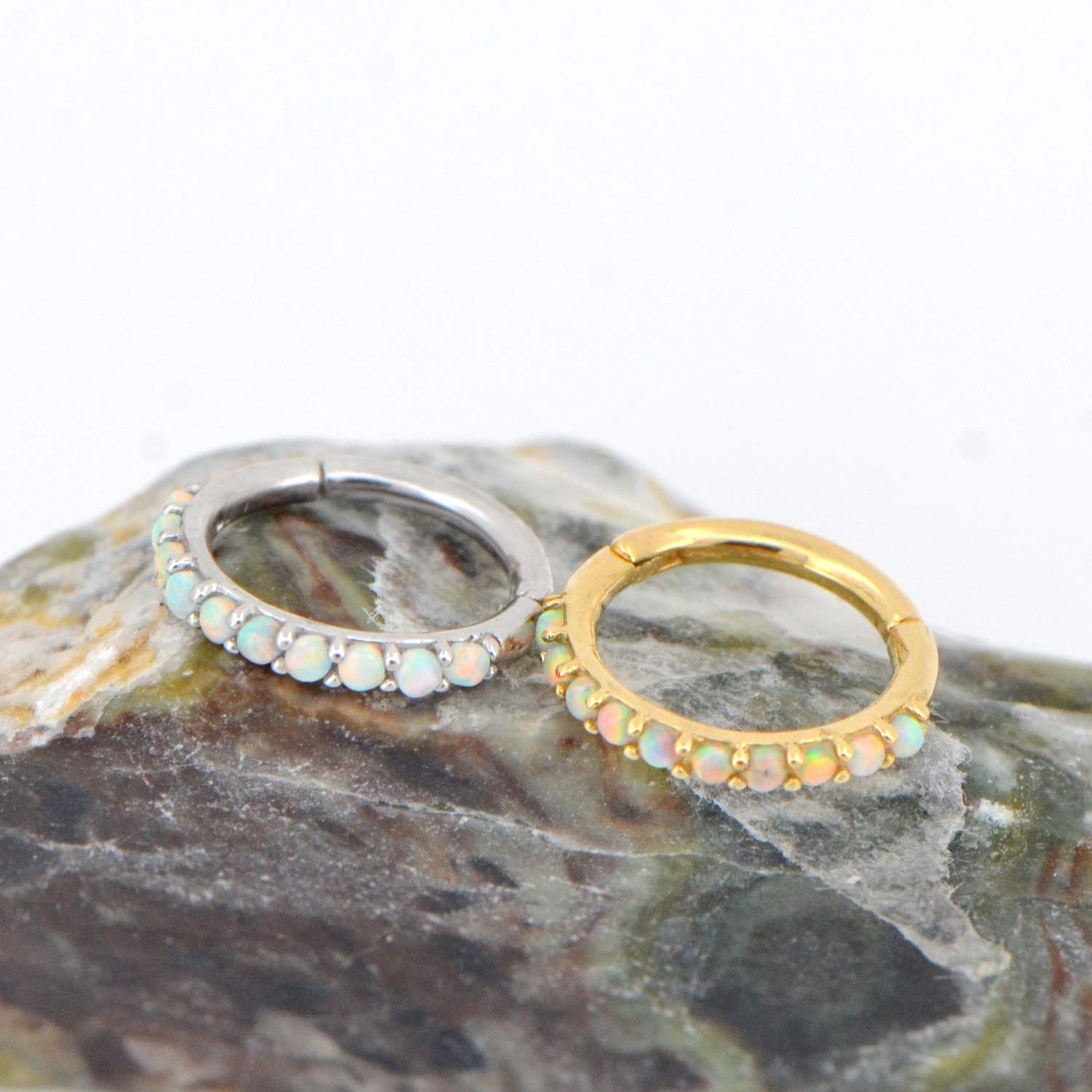 OUFER 14K Solid Gold Helix Tragus Earrings Opal Prong Set 16G Helix Inner Conch Tracking Nose Hoop