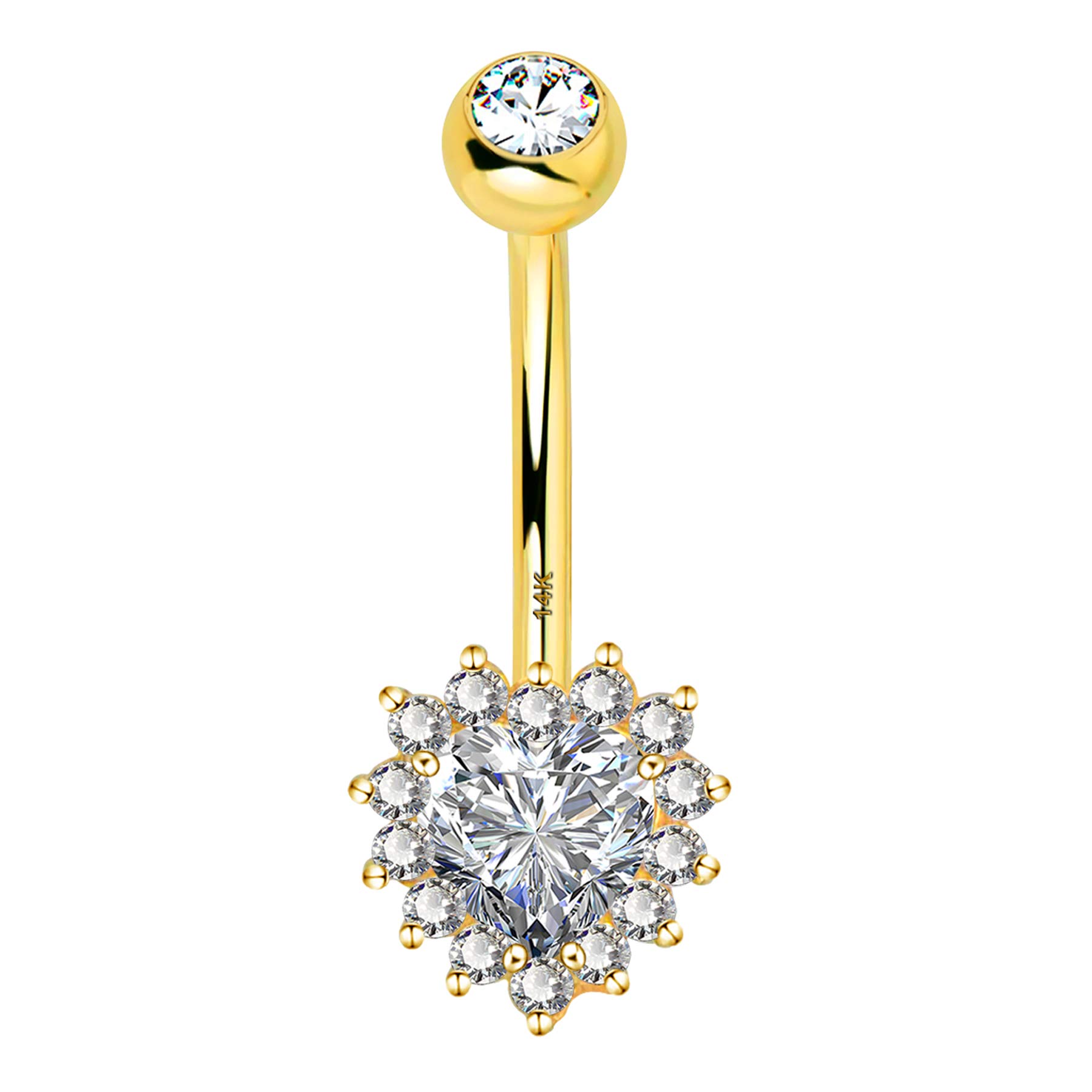 OUFER 14K Solid Gold Heart Belly Button Piercing Small Sun Flower Navel Button Ring Clear 5A Cubic Zirconia Design Belly Rings Piercing Jewelry