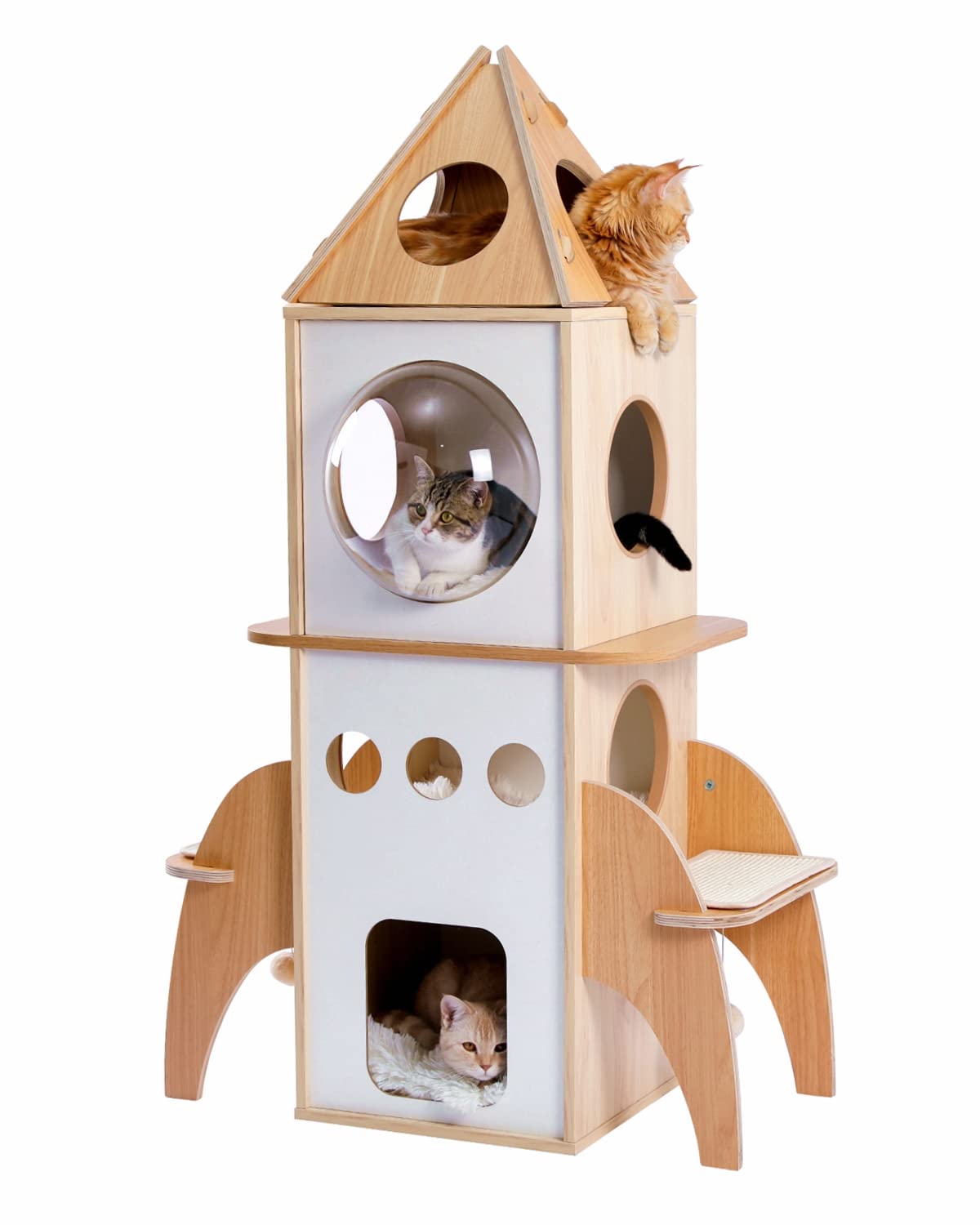PEQULTI 54 Inches Rocket Multi-Level Cat Tree Spaceship Modern Cat Tower with 3 Spacious Condos, 2 Fuzzy Replaceable Dangling Balls, Attic Perch and Detachable Mats