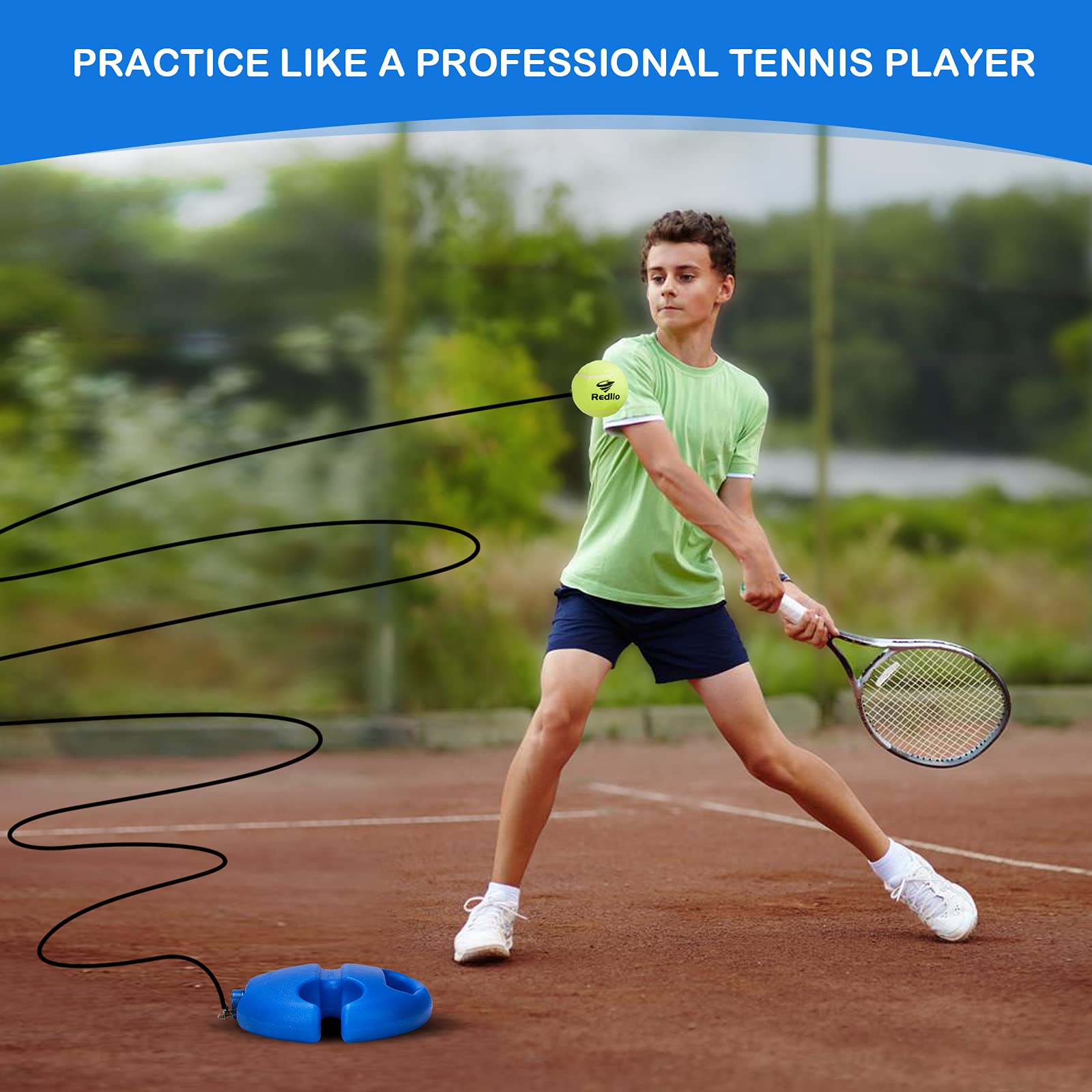 Redllo Solo Tennis Trainer Rebound -Portable Tennis Equipment for Self-Practice Includes 4 String Balls 2 Tennis Vibration Dampeners.Works for Kids, Beginners