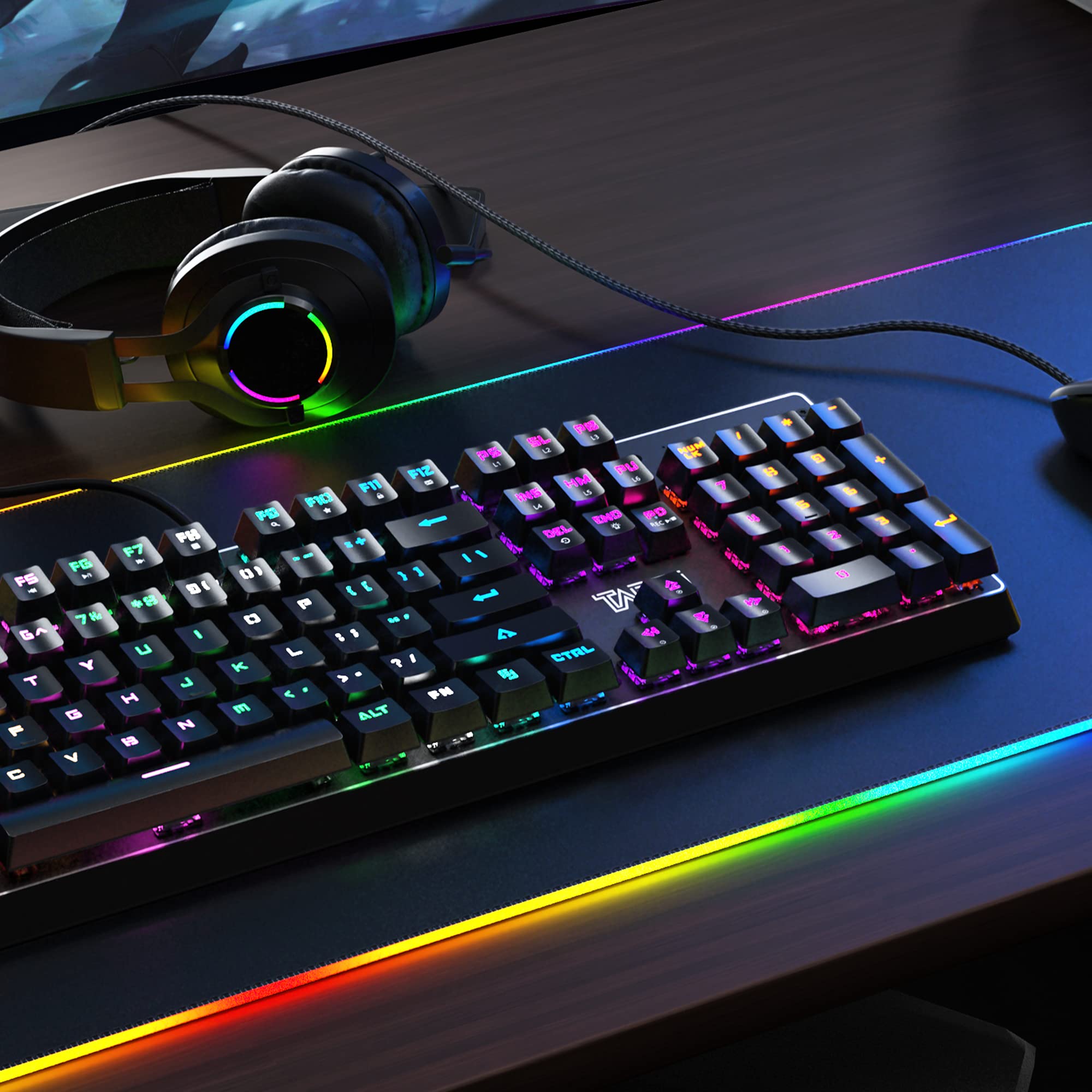 TNBIU Gaming Keyboard - RGB LED Keyboard with 104 Key Computer PC Gaming Keyboard, RGB Backlit Gaming Keyboard with Multimedia Keys Wrist Rest for PC Gamers(Black)
