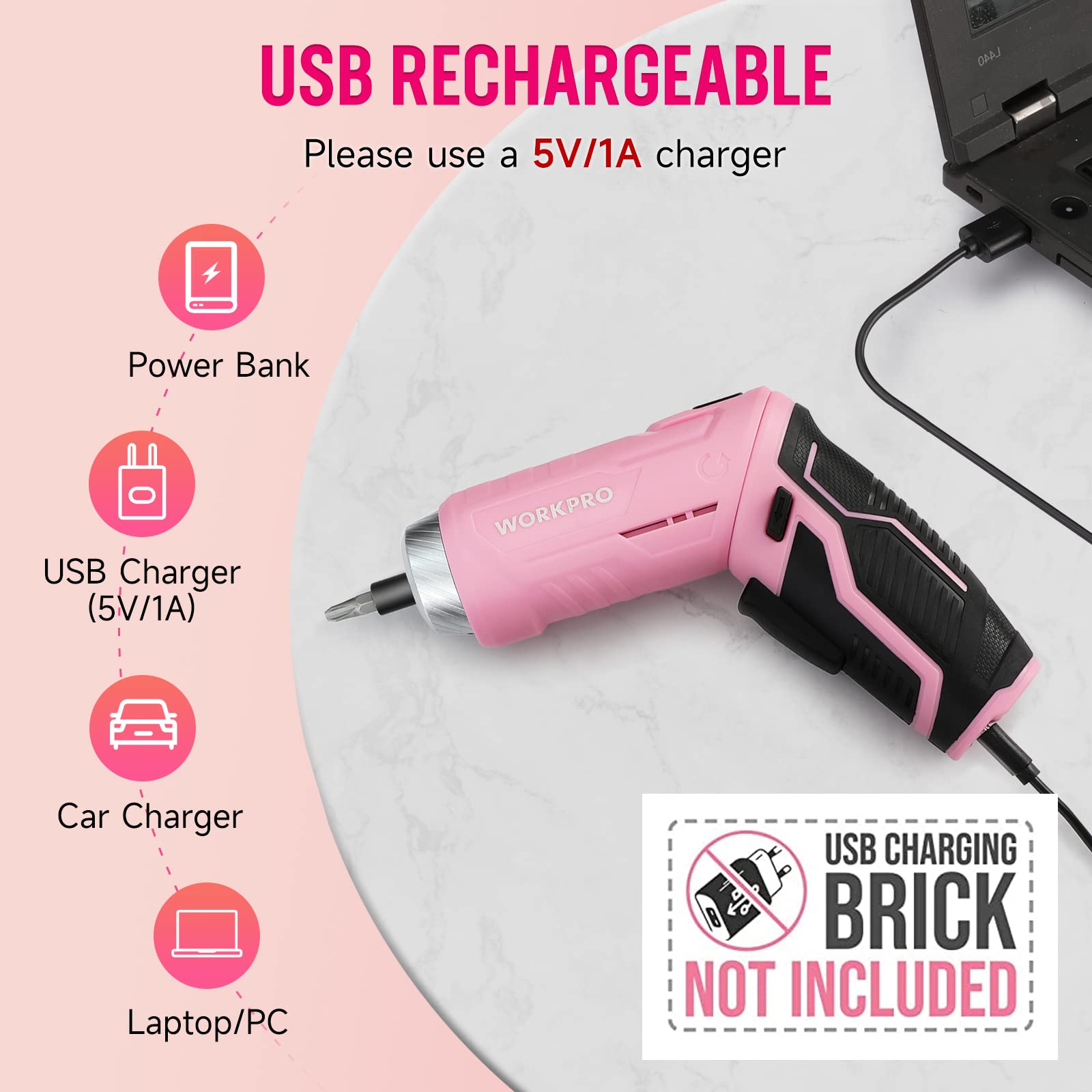 WORKPRO 53-Piece Pink Tool set with Electric Cordless Screwdriver, Basic Tool Kit Set for Women with 13'' Portable Tool Bag for DIY Home Repair/Maintenance - Pink Ribbon