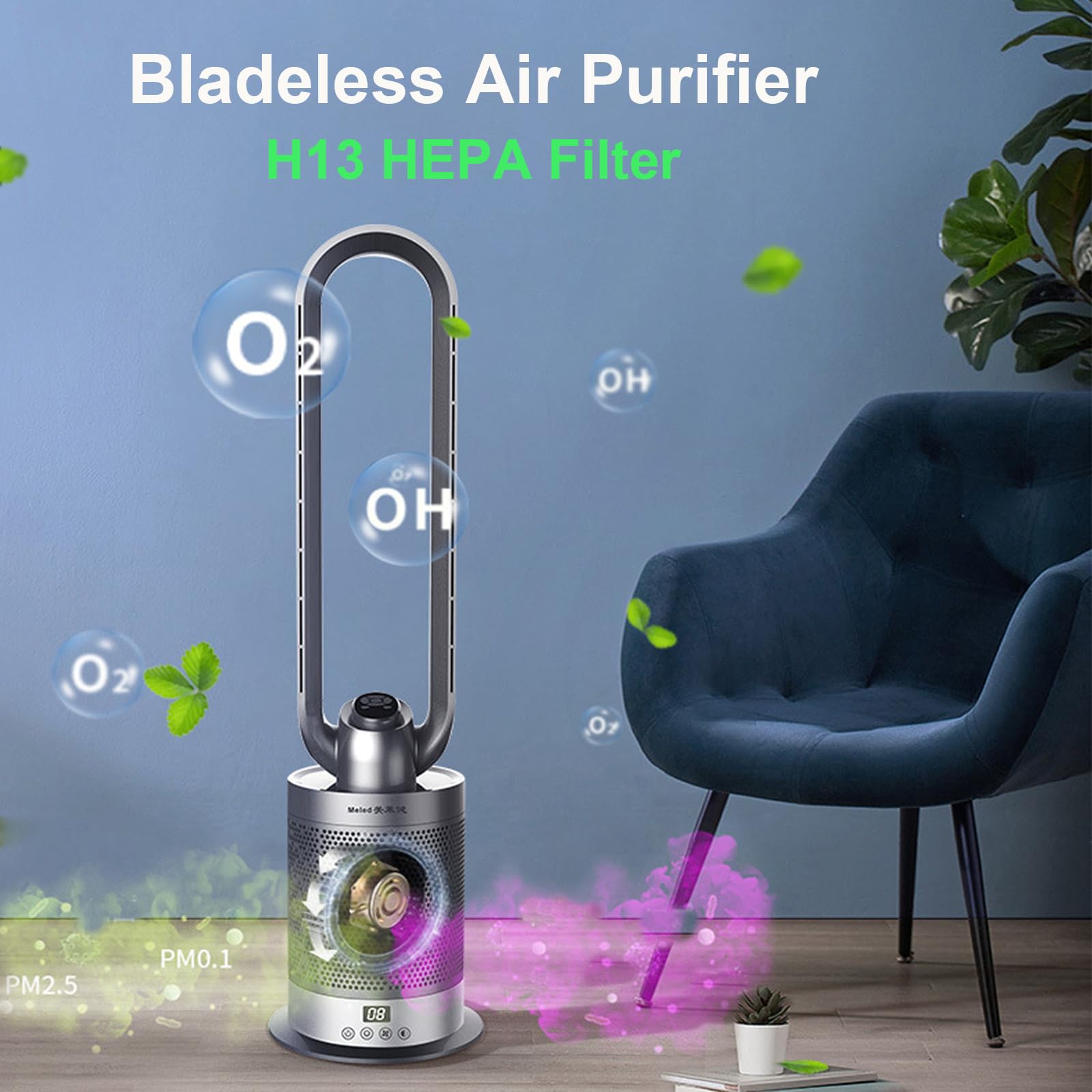 Voagupa Bladeless Air Purifier, Heater and Fan Combo, Super Quiet, HEPA Filter, All the Season, 120° Oscillating Fan with Remote and Touch Control, 9H Timer, 36 Inch, Large for Indoor Use, Grey