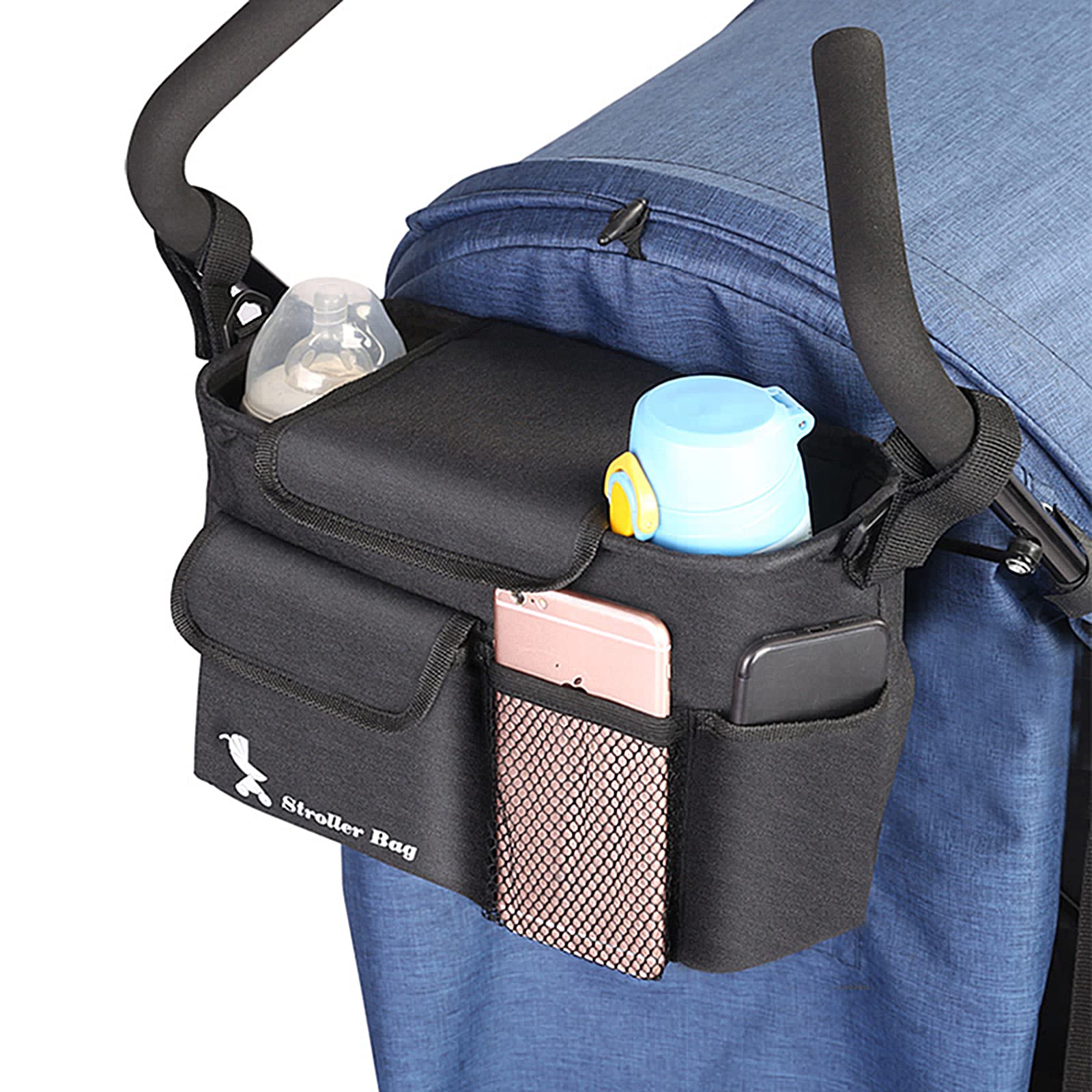 Universal Baby Stroller Organizer with Cup Holder, MOXIV Stroller Storage Caddy Bag with Adjustable Shoulder Strap, Large Capacity for Baby Essentials, Compact Design Fits Most Strollers(Black)