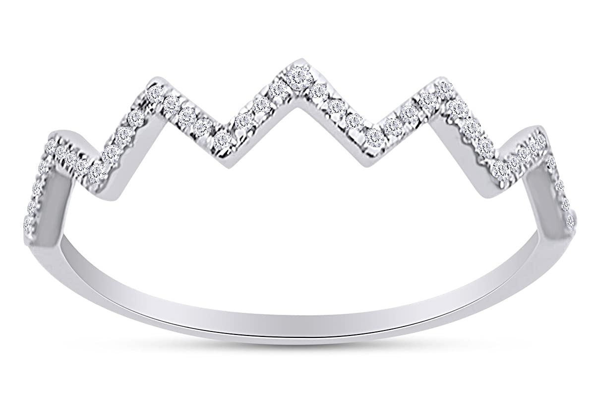 Round Cut White Natural Diamond Zig Zag Engagement Band Ring For Women In 14K White Gold Over Sterling Silver Jewelry (Clarity : I2-I3,Color : I-J, 0.08 Cttw) Ring Size-5