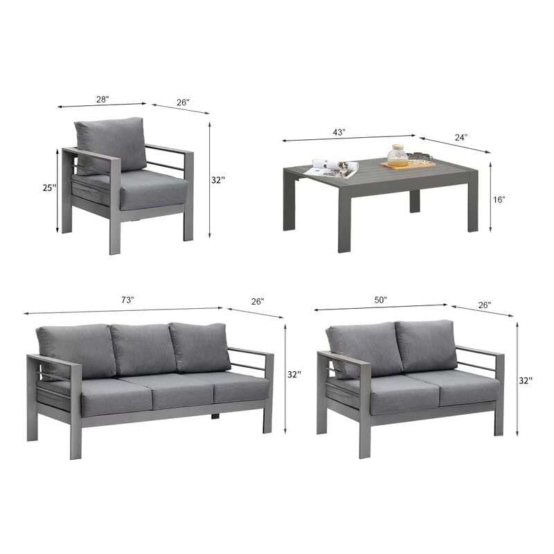 MOOOTTO 5-Piece Aluminum Conversation Set Modern Sectional Sofa for Backyard, Patio, Outdoor Living with Thick Lofty OLEFIN Cushions (White Frame Light Gray Cushion)
