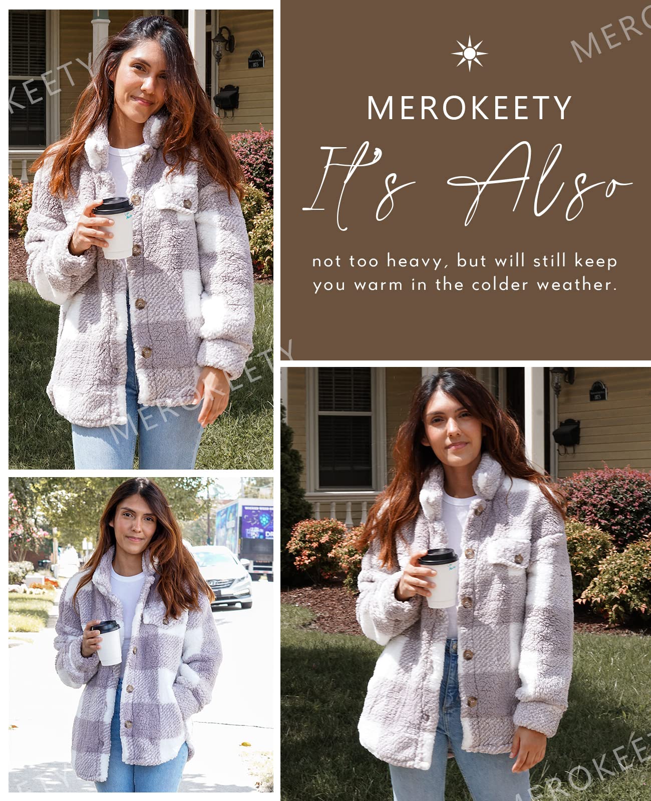 MEROKEETY Womens Plaid Fuzzy Sherpa Jacket Winter Warm Lapel Fleece Casual Outwear Coat with Pockets, Grey, M