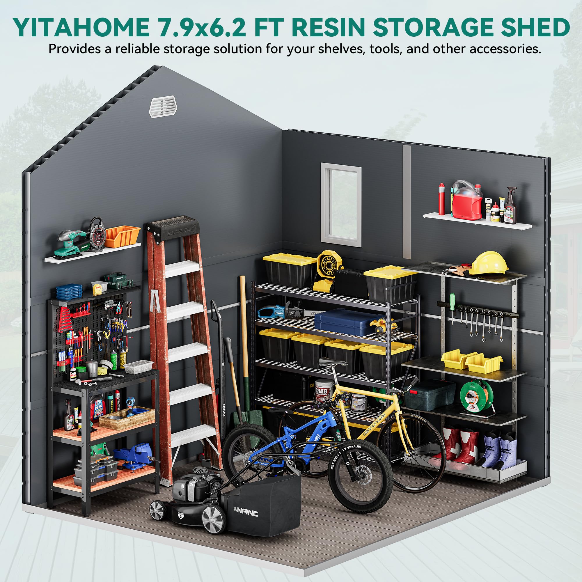 YITAHOME 7.87x6.2FT Outdoor Resin Storage Shed w/o Floor, All-Weather Plastic Shed with Lockable Doors, Window & Vents, Plastic Tool Shed for Backyard, Patio, Poolside, Lawn, Dark Gray
