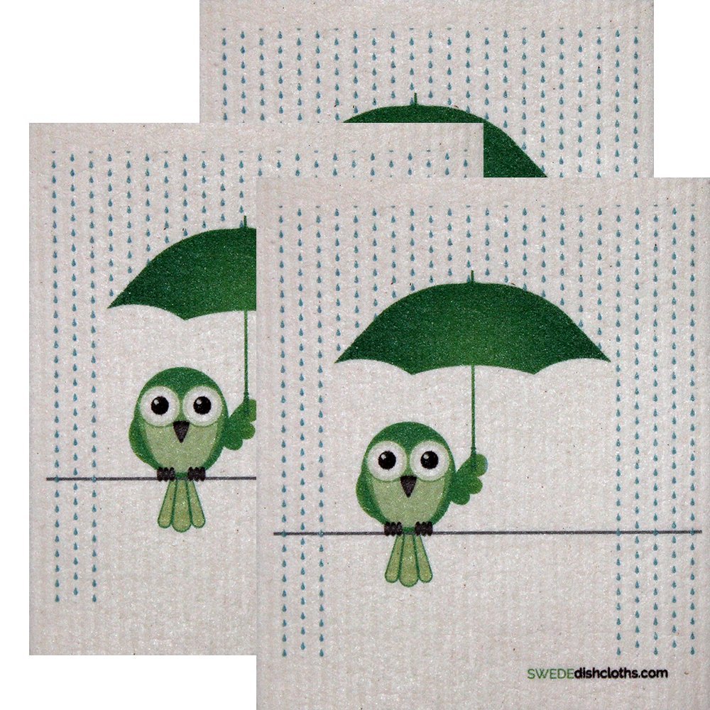 SWEDEdishcloths Swedish Dishcloth Set of 3 Each Swedish Dishcloths Greenbird in Rain Design | Eco Friendly Cleaning Absorbent Cloth Eco Friendly Cleaning Wipes