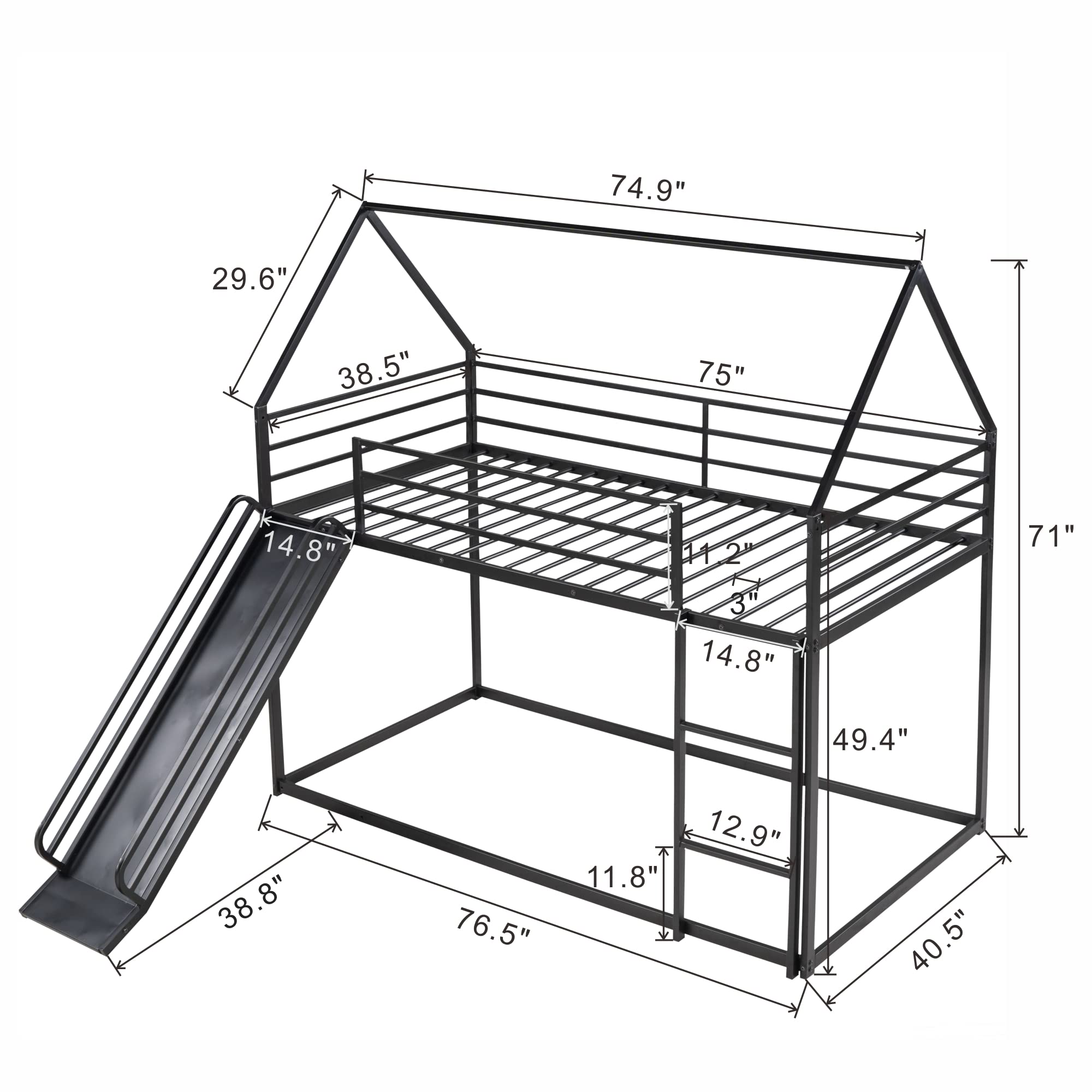 Merax Bunk Beds Built-in Ladder, Metal Frame House Bedframe, No Box Spring Needed, Twin Over Twin with Slide, Black