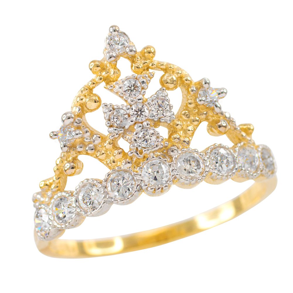 Modern Contemporary Rings Dainty 10k Yellow Gold Crown Cross CZ Band Ring (Size 10)