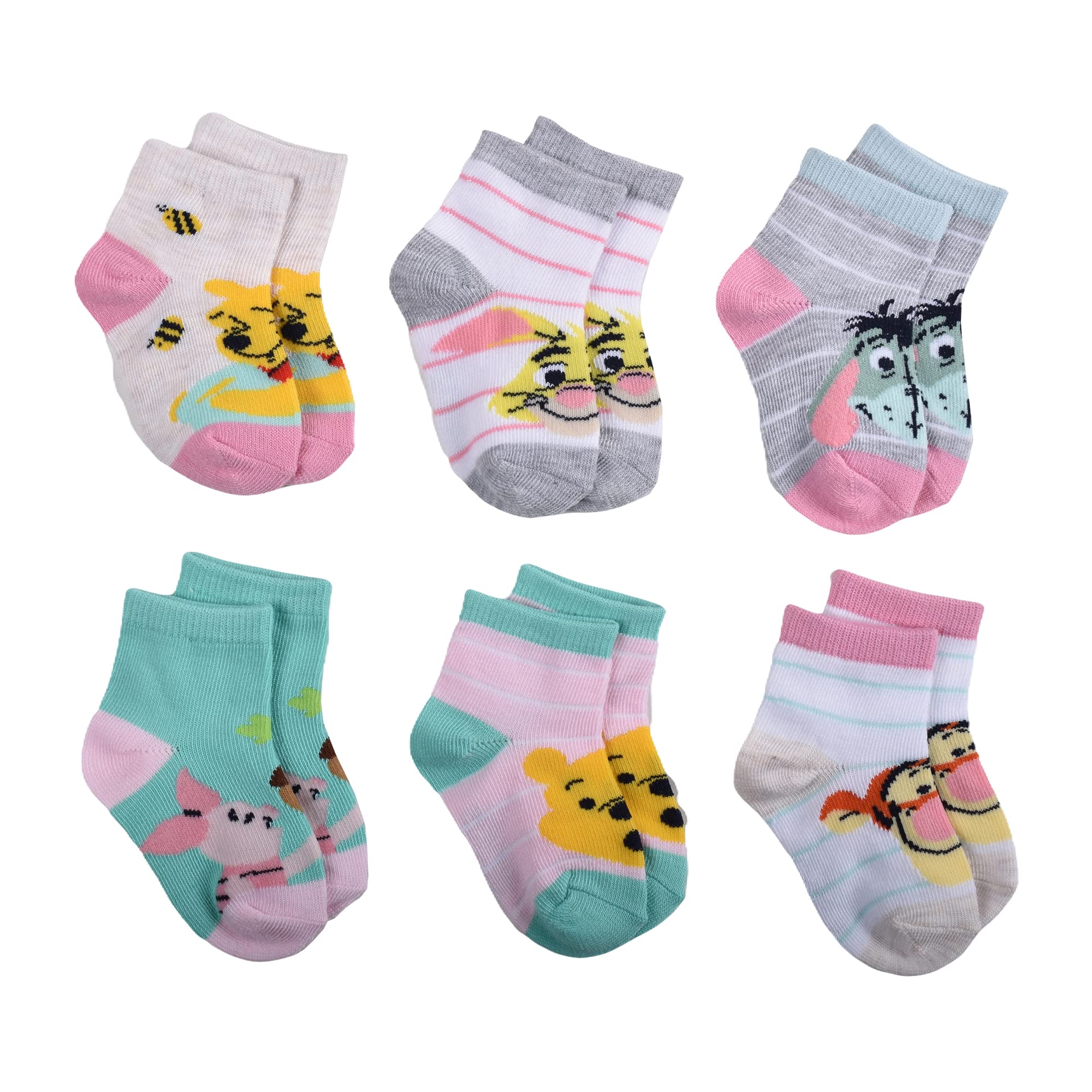 Winnie the Pooh Baby Girl's 6-Pack Quarter Socks, Ivory Heather, 12-24 Months
