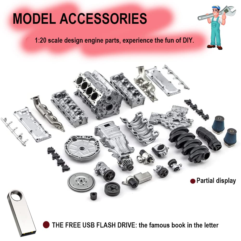 Mini V8 Engine Model Kit That Works Run, STEM Hobby Toy Building Kit for Kids & Adults with DIY Guide & Realistic Parts, for AX90104, SCX10, Capra, VS4-10 Pro/Ultra Model Car