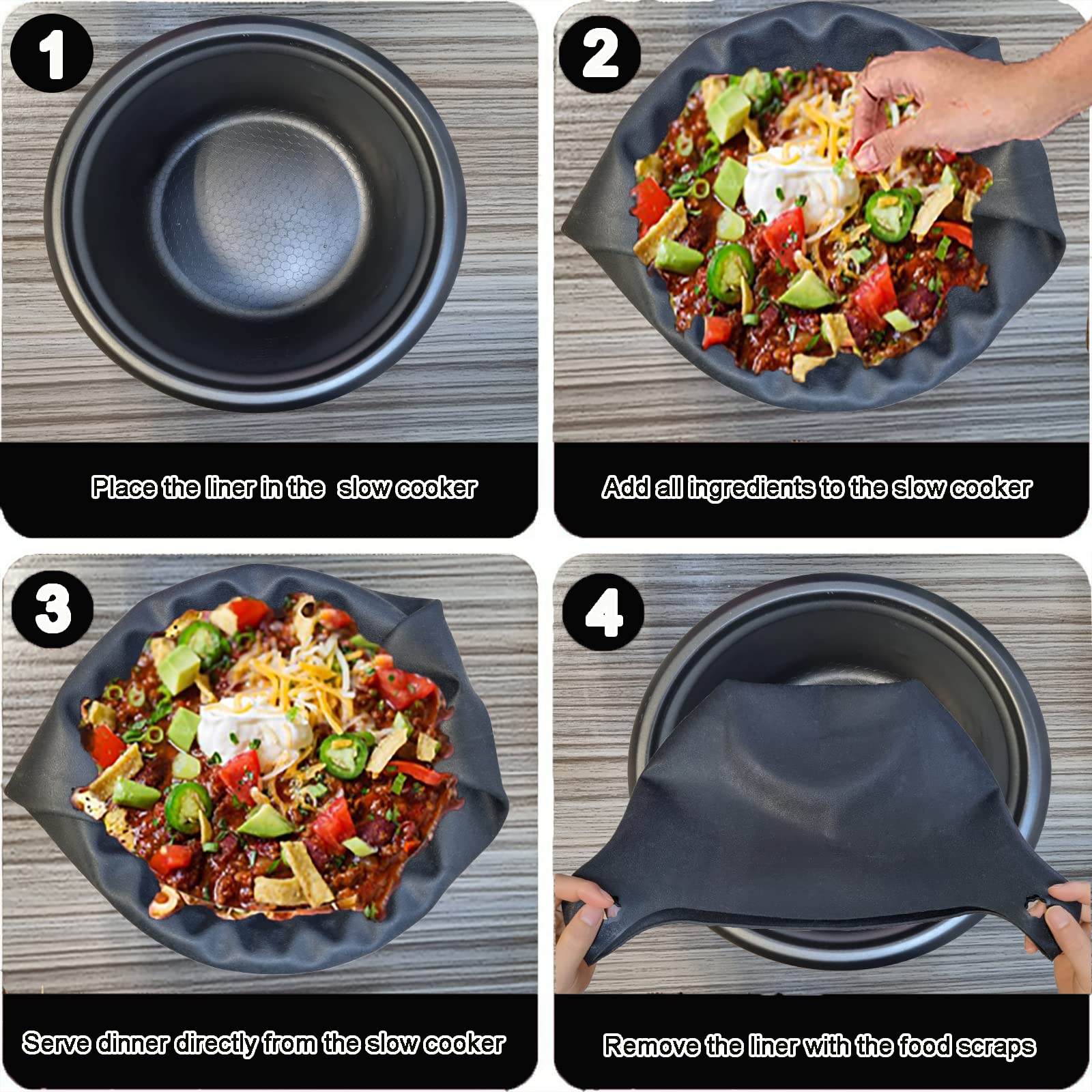 Silicone Slow Cooker Liners,Fits 6-8Quarts Crockpot Leakproof, Easy Clean Bags Liners for Round Pot or Oval (Black)