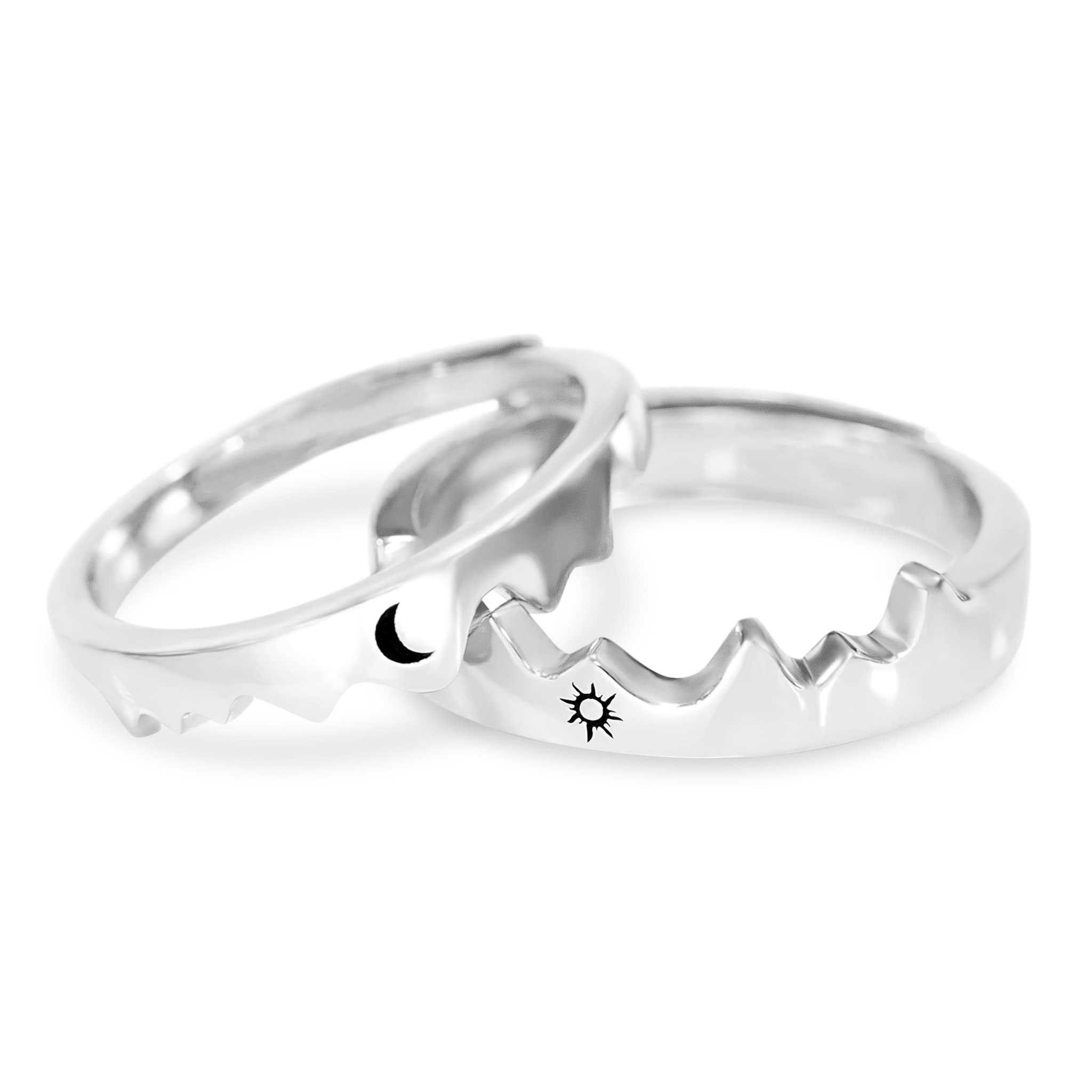Wizaba Sun and Moon Matching Rings Set in Silver - Adjustable, Symbolic Couple or Friendship Rings