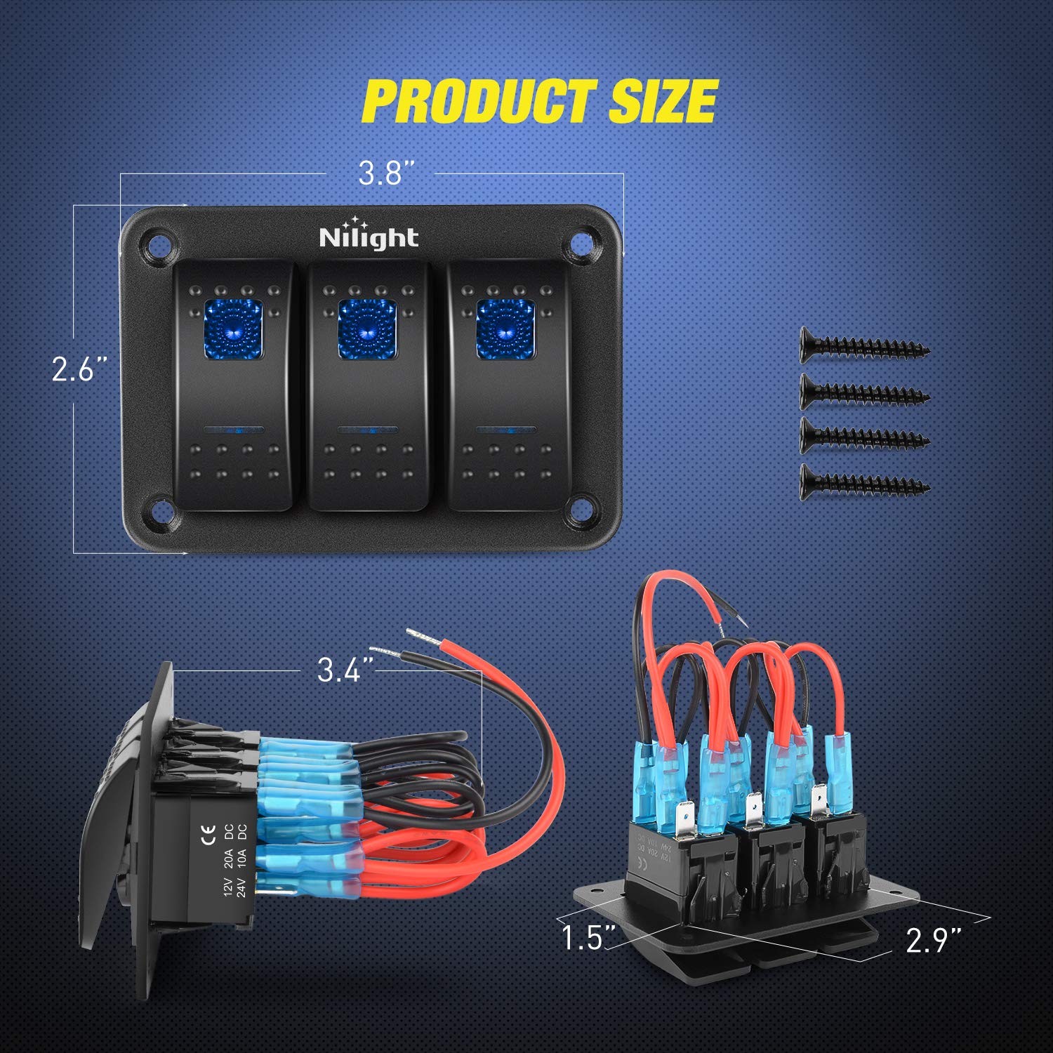 Nilight 90017C 3 Gang Aluminum Panel Toggle Dash 5 Pin On/Off Pre-Wired Rocker Switch Holder for Automotive Car Marine Boat, 2 Years Warranty,Blue