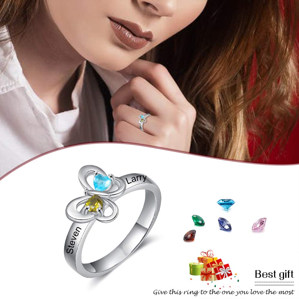Personalized Butterfly Ring with 2 Names Engraved 2 Heart Simulated Birthstones for Women BFF Anniversary Rings Mom Daughter Ring Personalized (Size 9)
