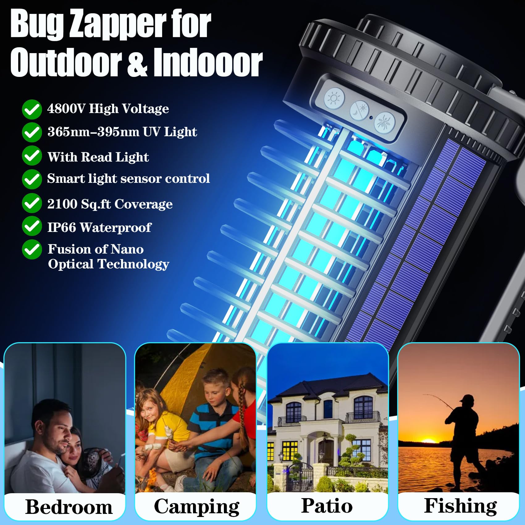 WSDEJY Solar Bug Zapper for Outdoor & Indoor, USB 4000mAh Rechargeable Mosquito Killer with Smart Light Sensor, Adjustable body Fly Traps, Waterproof Insect Zapper for Patio,Home (Black-4800V-4000mAh)