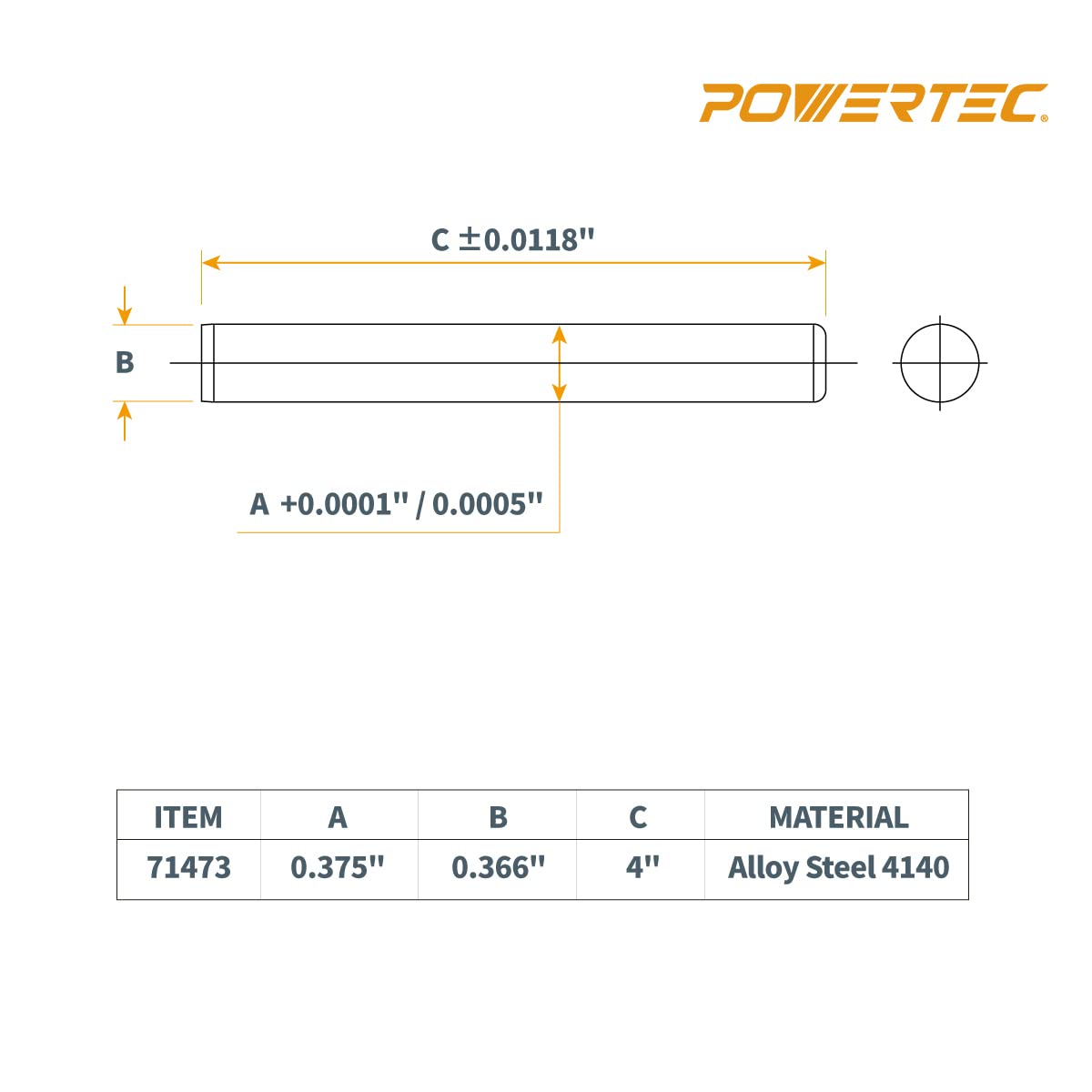 POWERTEC 71473-P2 Hardened Steel Dowel Pins 3/8" x 4" Long | Heat Treated and Precisely Shaped for Accurate Alignment β 8 Pack