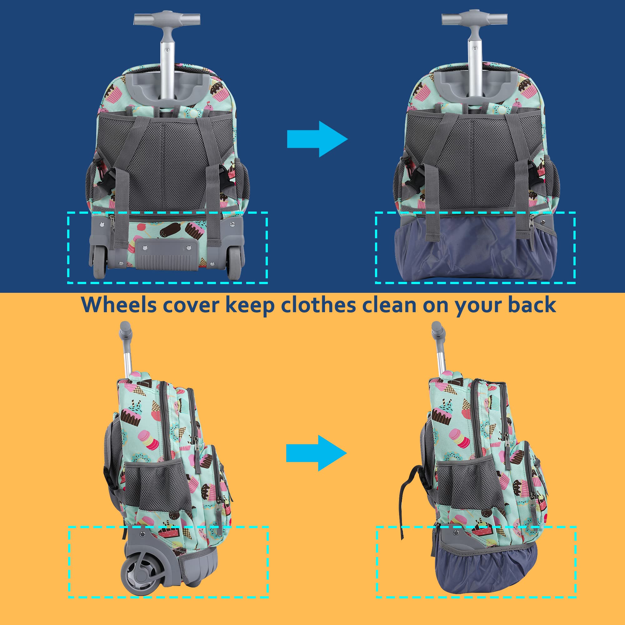 seastig Rolling Backpack 16 inch Wheeled Backpack with Lunch Bag & Pencil Case Roller Backpack Set Carry-on Bag School Travel