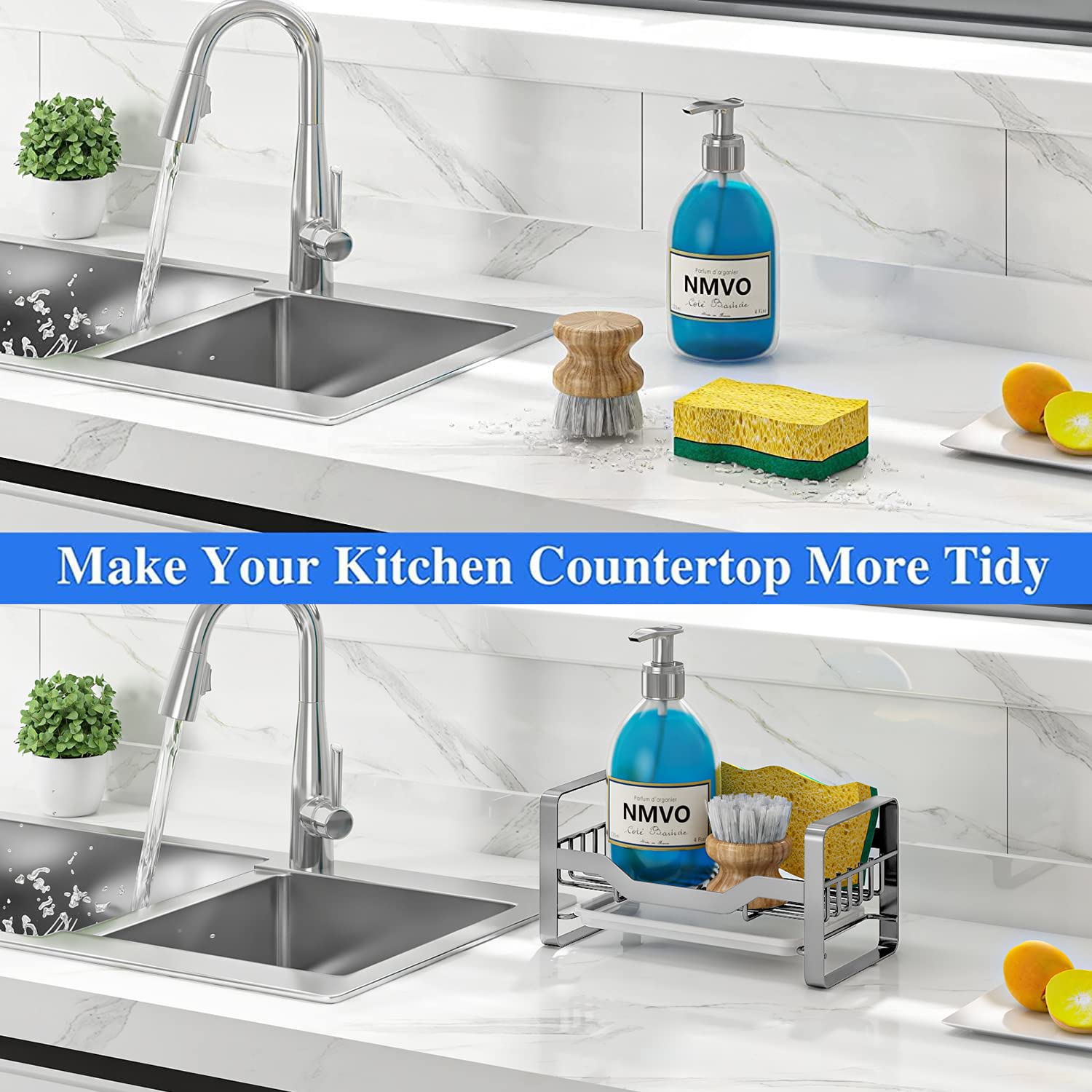 Utobao Kitchen Sink Caddy Sponge Holder, Kitchen Caddy 304 Stainless Steel Soap Holder for Kitchen Sink, Kitchen Sink Organizer Countertop with Removable Drain Tray-Silver