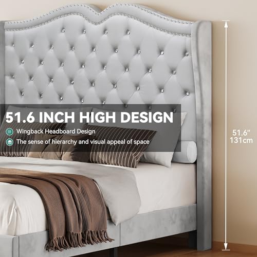 YITAHOME Queen Bed Frame with 51.2” Tall Headboard,Velvet Tufted Bed Frame, Queen Bed Frame Platform with Velvet Headboard, No Box Spring Needed,Noise-Free,Grey