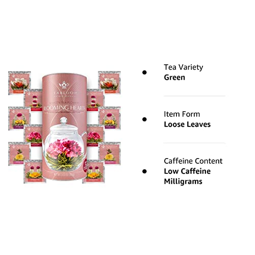 Teabloom Heart-Shaped Flowering Teas β 12 Assorted Blooming Tea Flowers β Green Tea + Jasmine, Pomegranate, Strawberry, Rose, Litchi & Peach