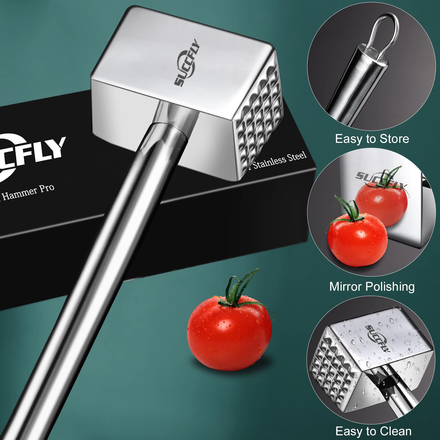 SUCCFLY Meat Tenderizer Stainless Steel, Heavy Duty Meat Hammer, Kitchen Meat Mallet, Meat Pounder Flatterner Weighted Hammer Extended Handle for Labor-saving Chicken Steak Meat Tenderizer Tool(1.6LB)
