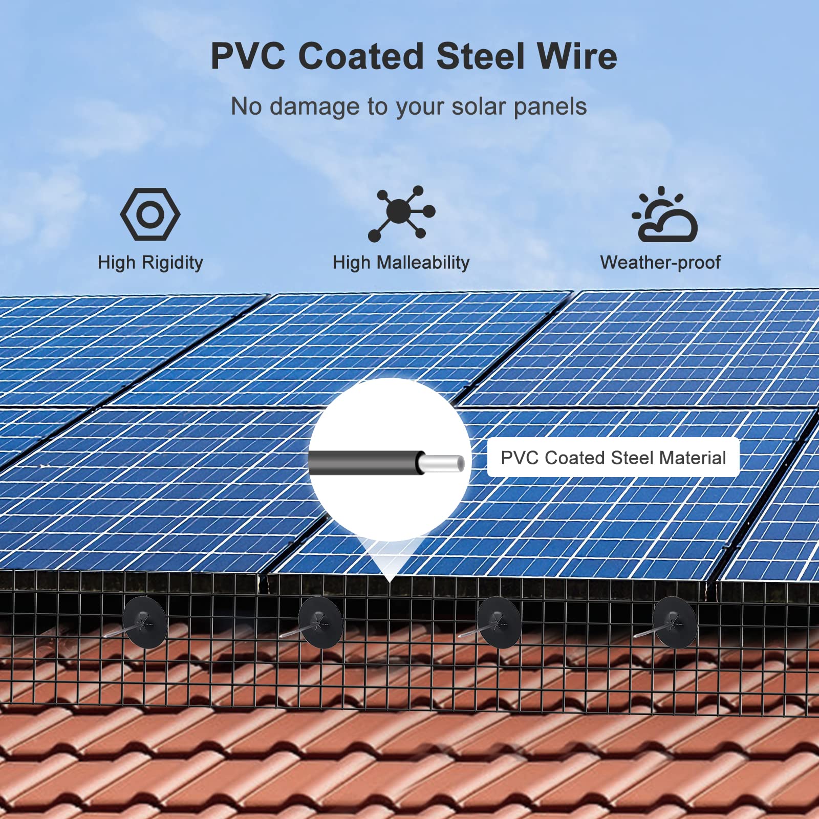 ZeroPone 6inch x 50ft Solar Panel Bird Guard,Critter Guard for Solar Panels w/ 50pcs Stainless Steel Fasteners,Removable PVC Coated Guard Wire for Squirrel,Bird,Critters Proofing