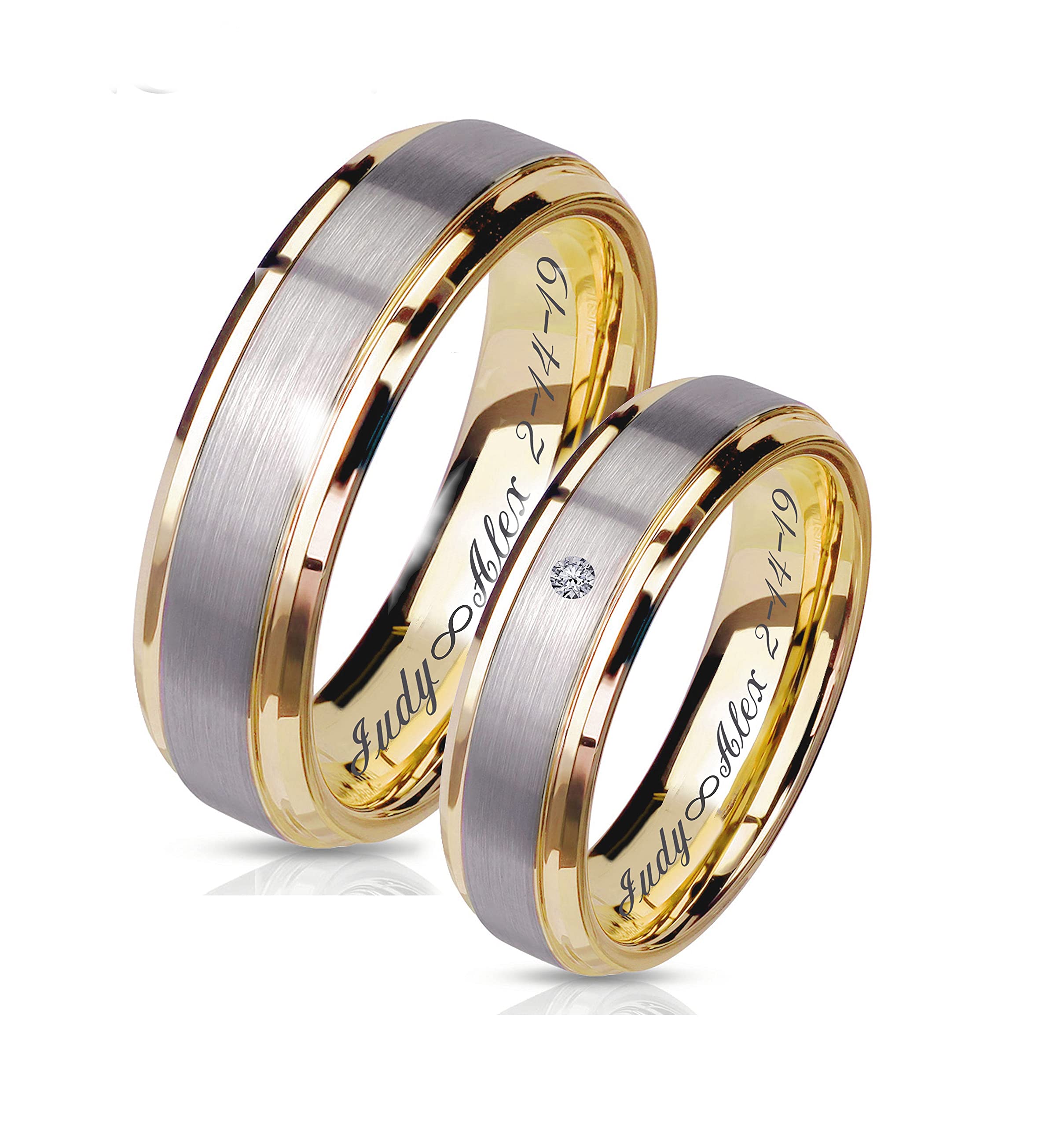 Personalized Two Tone Brushed Silver & Gold Ring Set Custom Engraved Free - Couple's Ring Set - Wedding Band Set - Ships From USA