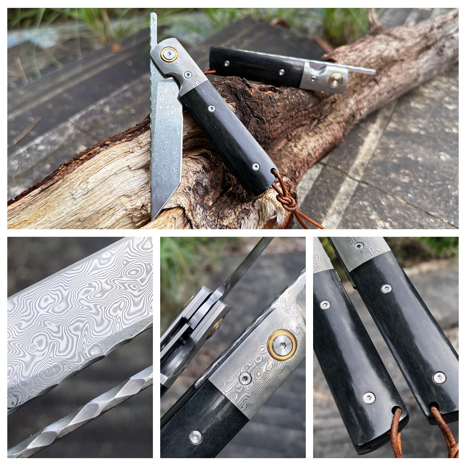 MINOWE Japanese Damascus steel steel pocket knife，Handmade 3-inch high hardness sharp blade，With Leather Sheath ，Ceramic steel ball bearings+Frame Lock ，Cowbone handle，for home and outdoor Folding Pocket Knife