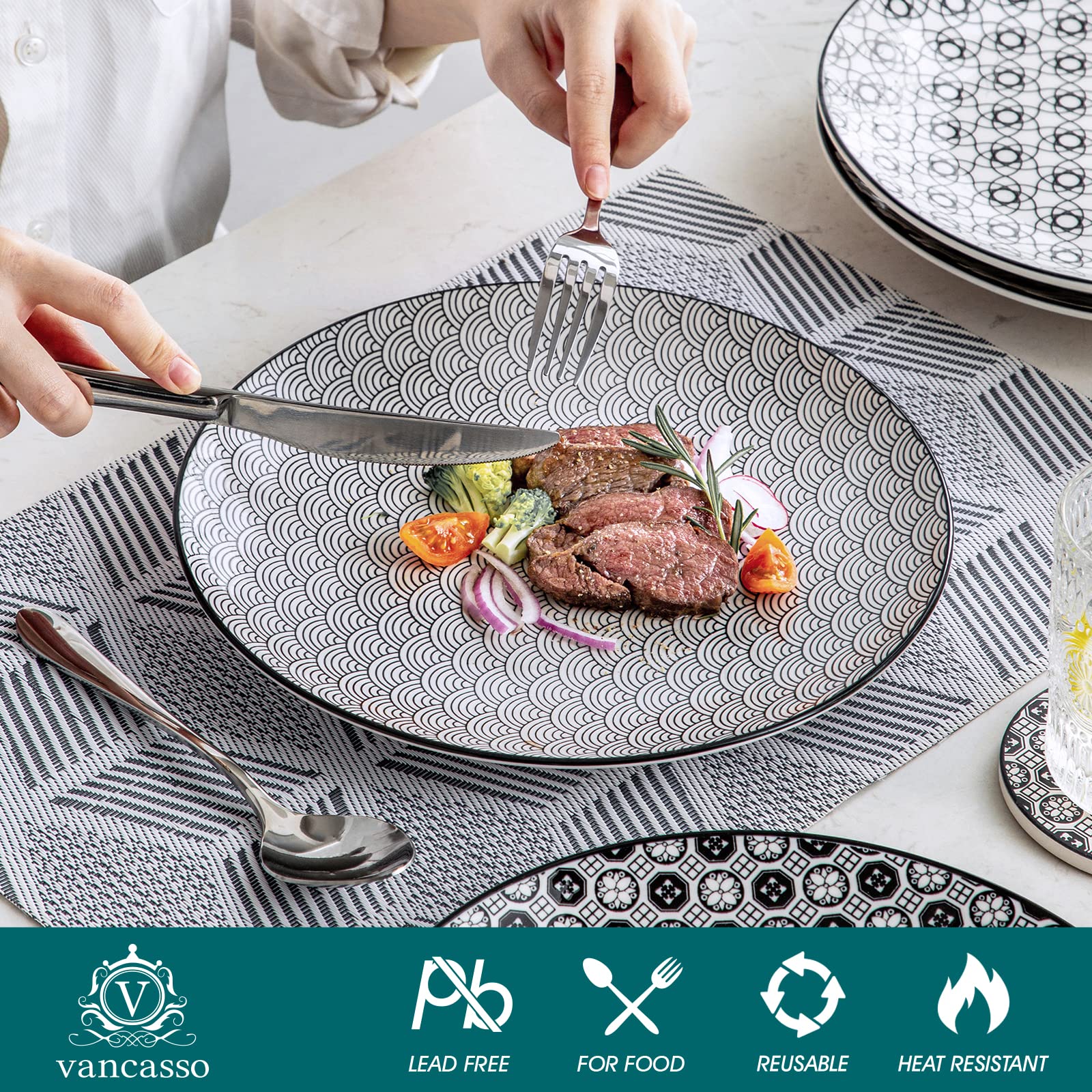 vancasso Haruka Ceramic Dinner Plates 10 Inch, Round Salad Plates Fit Steak Fruit Pasta Pancake, Microwave, Oven, Freezer and Dishwasher Safe, Set of 4, Japanese Plates Black and White