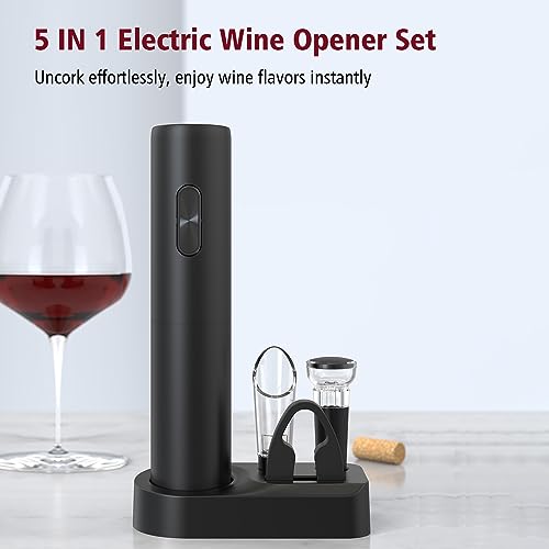 RUIVOKUR Electric Wine Opener Set, Battery Operated Wine Bottle Opener, Automatic Corkscrew Wine Opener with Foil Cutter, Vacuum Stopper, Aerator Pourer, Storage Base, Wine Opener Gift Set