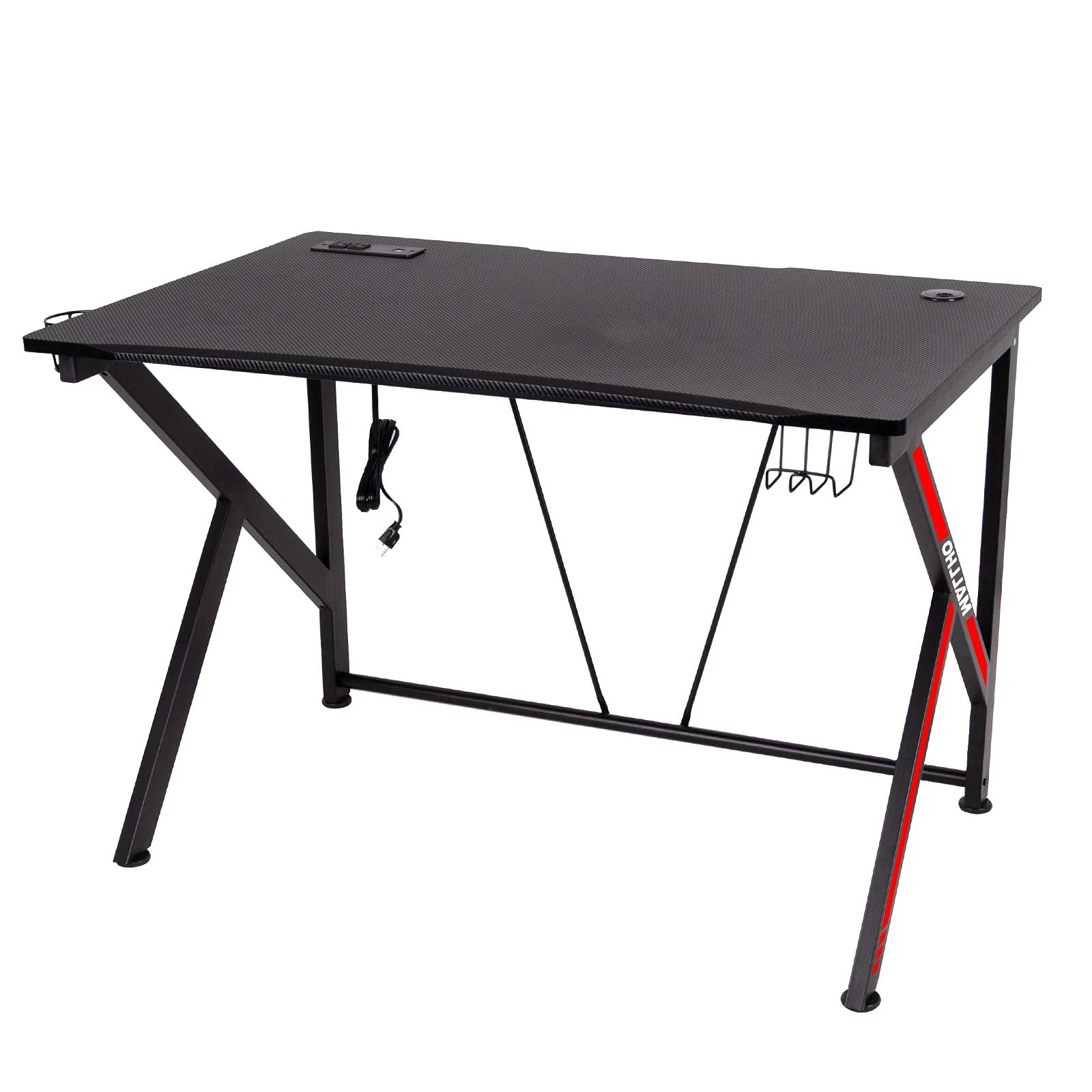 Polar Aurora K-Shaped Gaming Desk 45.1" W x 28.6" D Home Office Computer Table, Black Gamer Workstation with Cup and Headphone Hooks, Cable Management Hole and Built-in Multi-Function Socket(RED)
