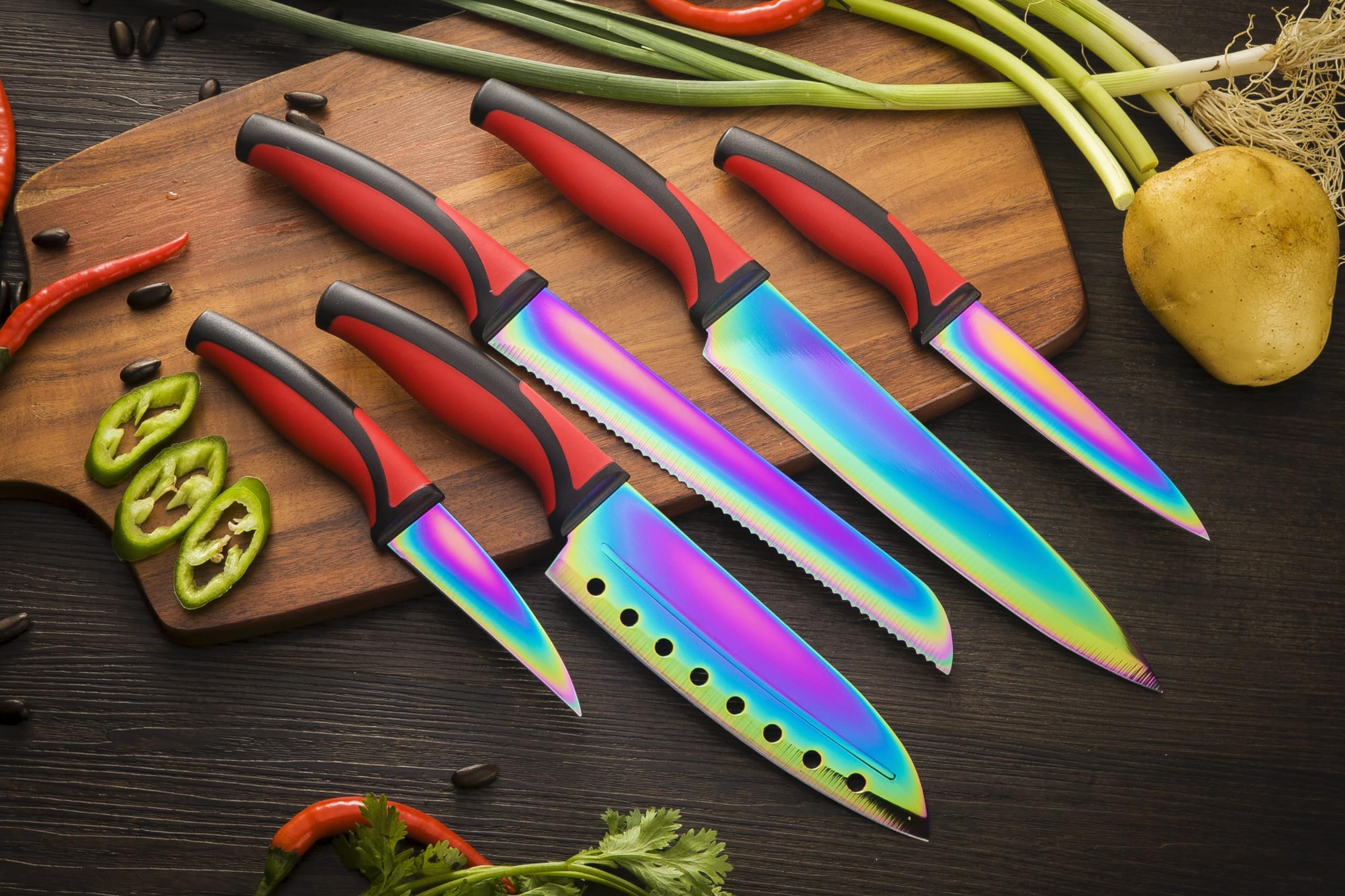 SiliSlick Kitchen Knife Set Professional, Titanium Coated Stainless Steel Blades, Dishwasher Safe, Safety Sheaths, 5 Knives