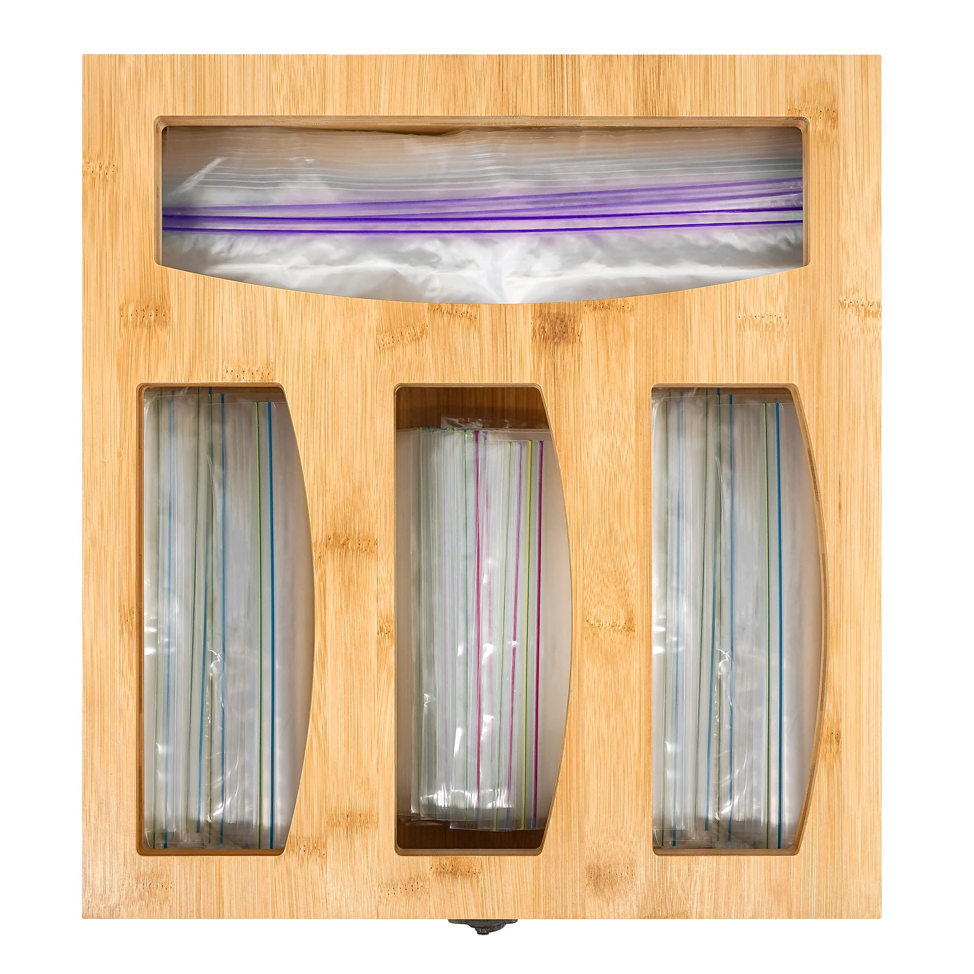 VaeFae Ziplock Bag Storage Organizer- Bamboo Food Bags Container for Kitchen Drawer Compatible for Gallon, Quart, Sandwich, Snack, and Slider Bag