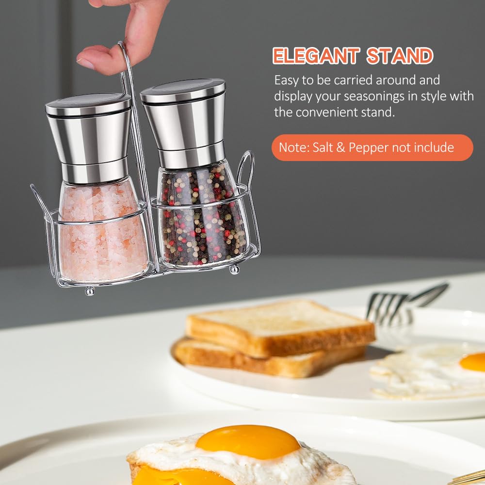 OIULO Salt and Pepper Grinder Set with Steel Base Tray, RefillablePepper Grinder Set - Brushed Stainless Steel - Short Glass Jar with Adjustable Coarseness for Grinding Pepper Grains, Salt or Spices