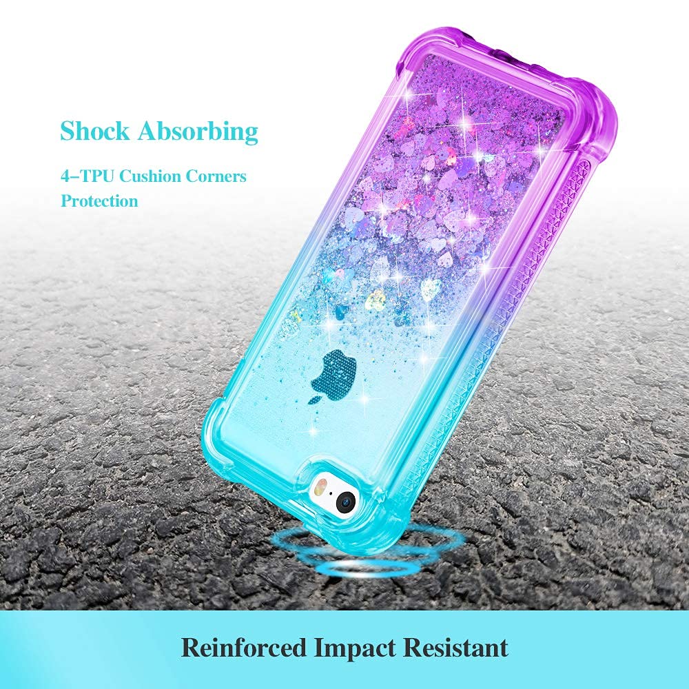 Ruky for iPhone SE Case (2016), iPhone 5 5S Glitter Full Body Case with Built in Screen Protector Shockproof Protective Bling Liquid Girls Case Compatible for iPhone 5 5S SE, Teal Purple