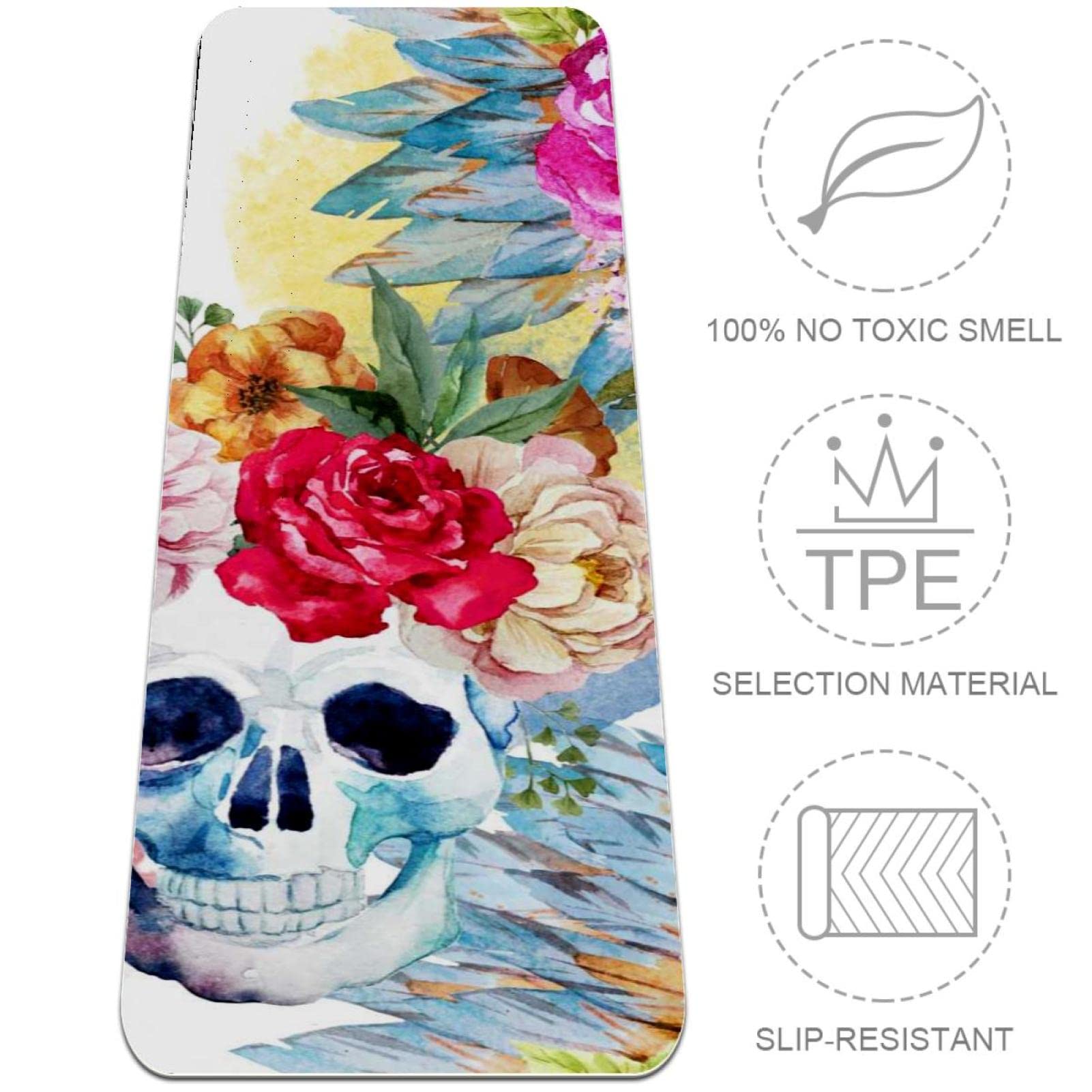 Yoga Mat, Yoga Mats for Home Workout, Workout Mat, Exercise Mats, Pilates Mat, colorful rose flower leaves skull pattern