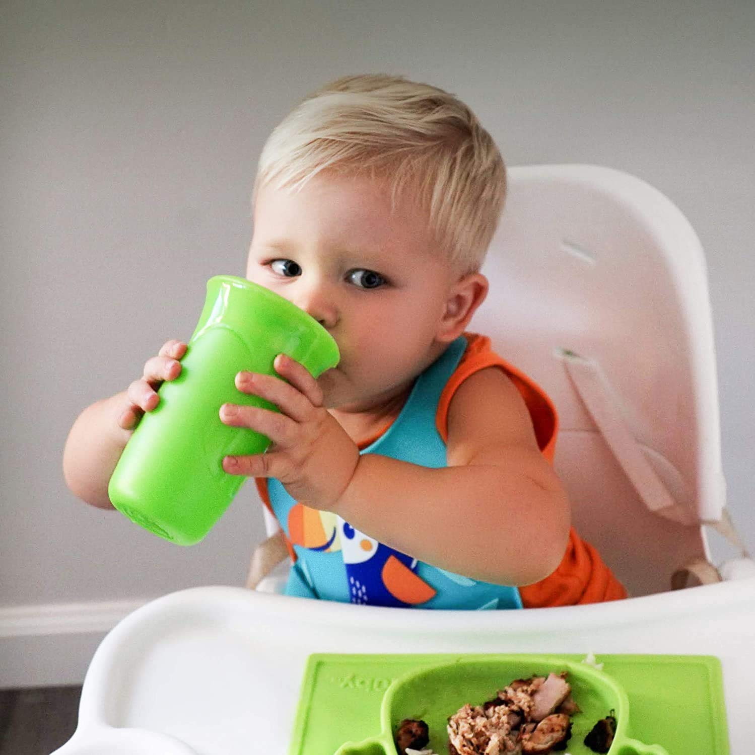 Nuby No Spill Edge 360 10 oz Cup with Silicone Rim, 2 Pack (green/aqua)