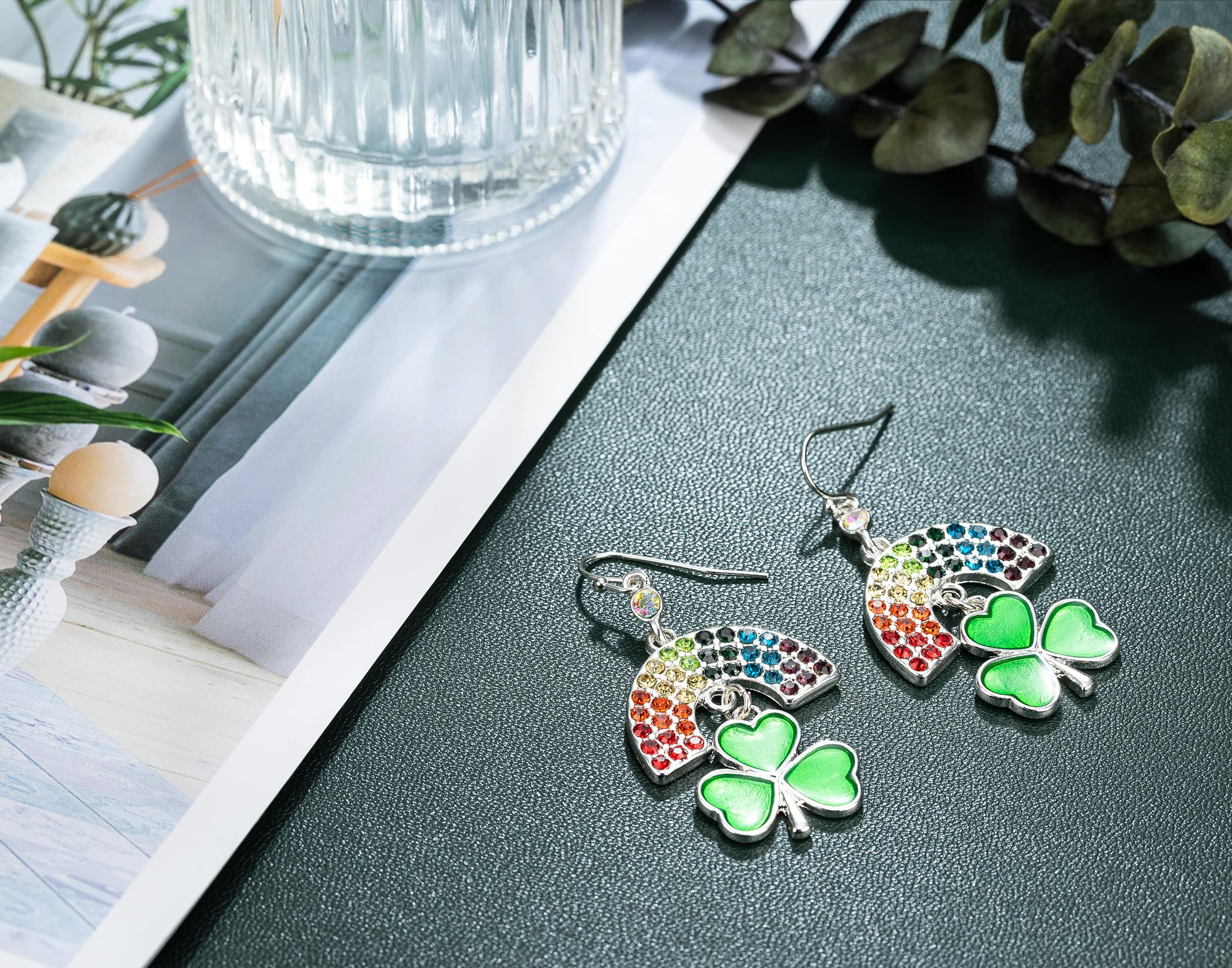 RareLove Silver Plated Rainbow with Shamrock Piercing Dangle Earrings Alloy Crystal St Patrick's Day Gift For Women