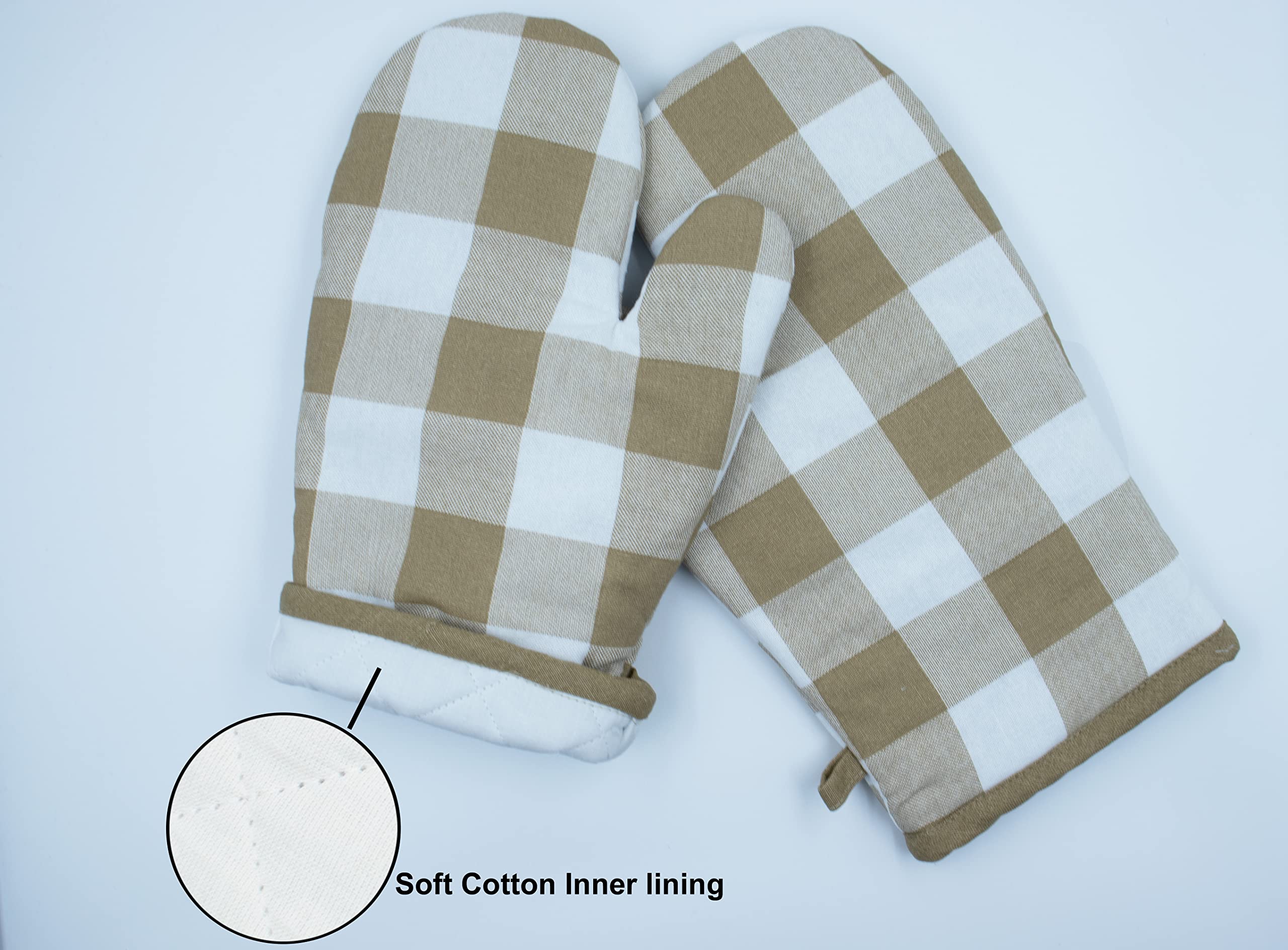 PurpleEssences Buffalo Check Kitchen Collection Pot Holders and Oven Mitts Sets with Hanging Loop - Heat Resistant Non-Slip Washable – Ideal Hot Pads for Cooking Baking BBQ - 4-Piece Set Beige/White