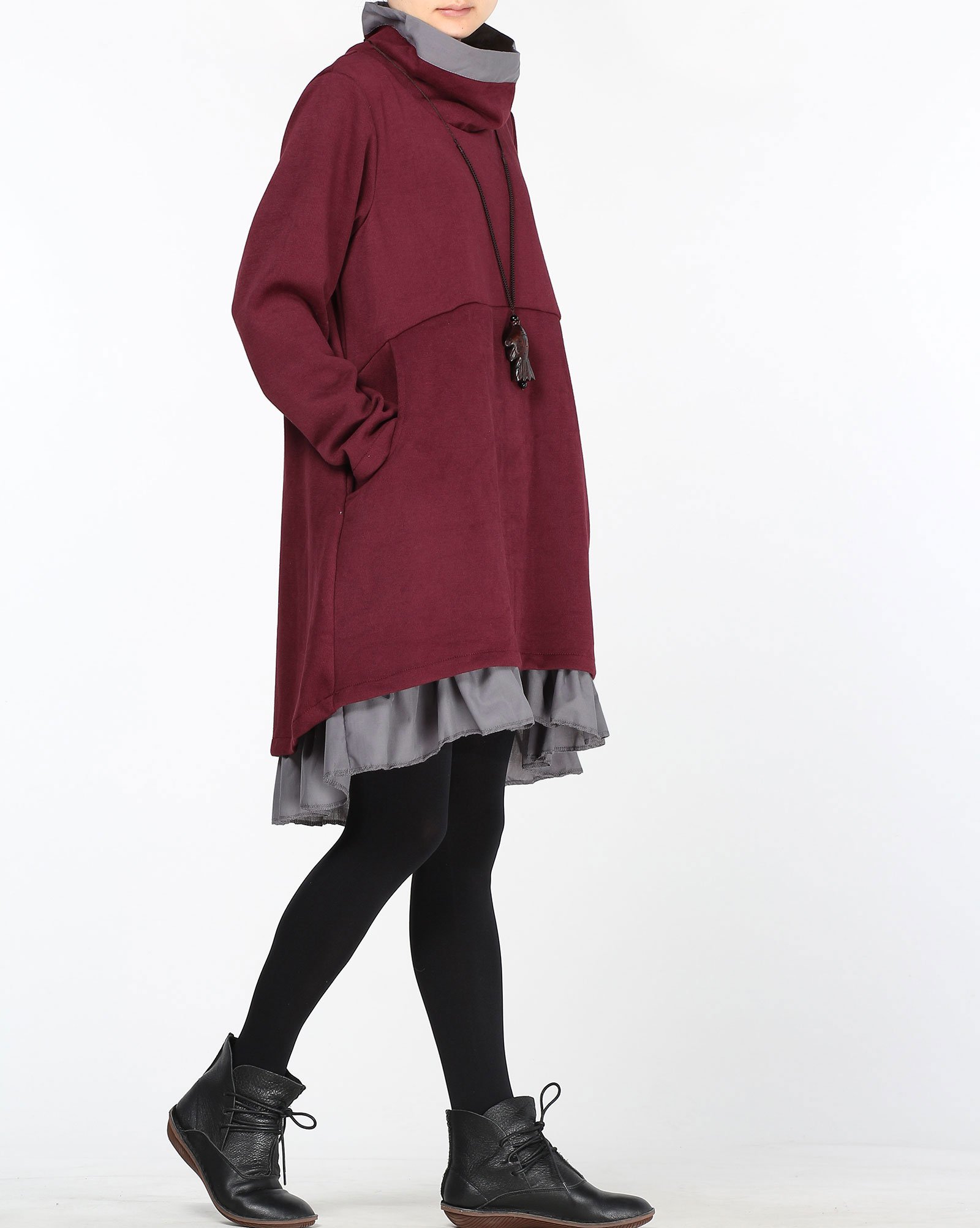 Mordenmiss Women's Flared Layers Dress Hi-Low Ruffle Hem Tunic Top M Burgundy