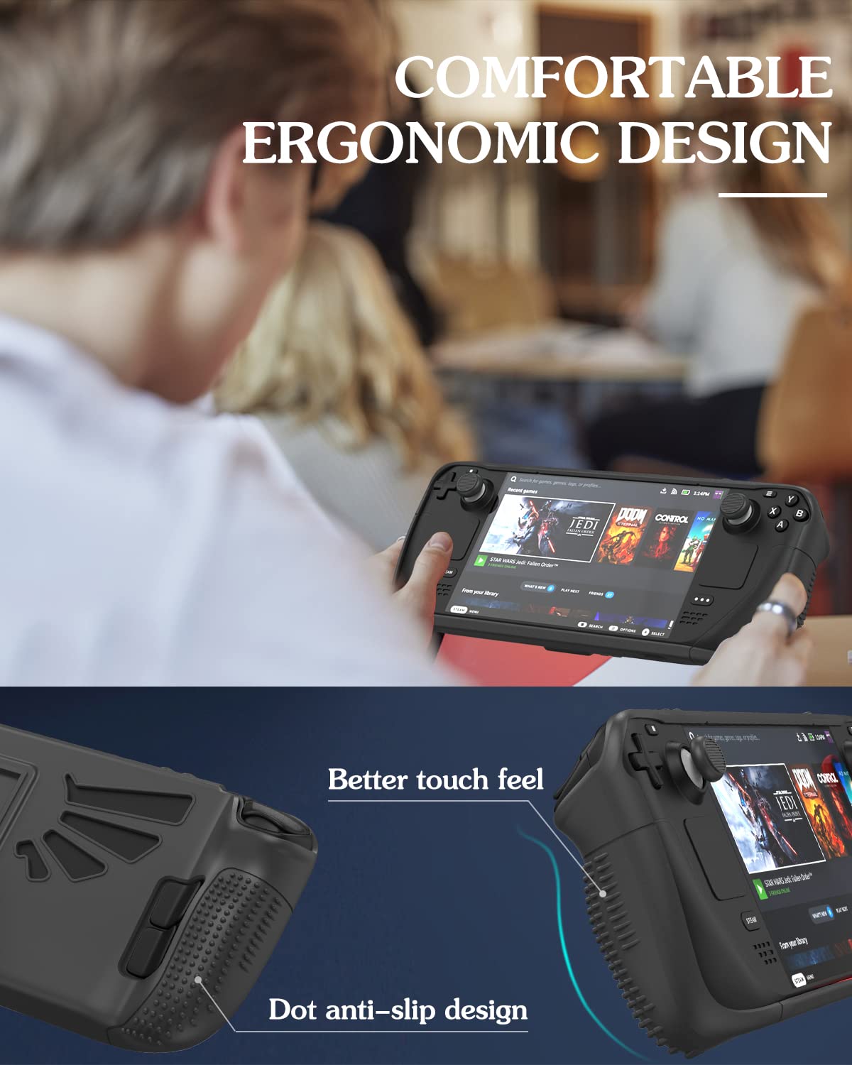 SUIHUOJI Steam Deck Case with Kickstand, Stand Base Accessories Protector for Valve Steam Deck Console, Stream Deck Protective Cover Skin Shell with 2Pairs Silicone Thumb Grips Caps, TPU+PC Case Black