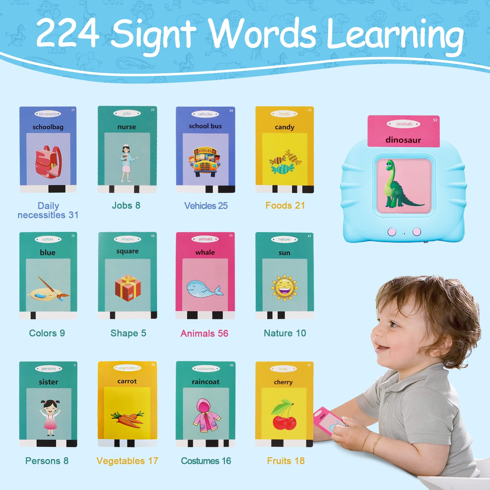 Toddler 2 3 4 5 6age Boy Girl Gift, Talking Flash Cards Learning Educational Toys for Speech Therapy Autism Sensory Toys, with 224 Sight Words (Blue)