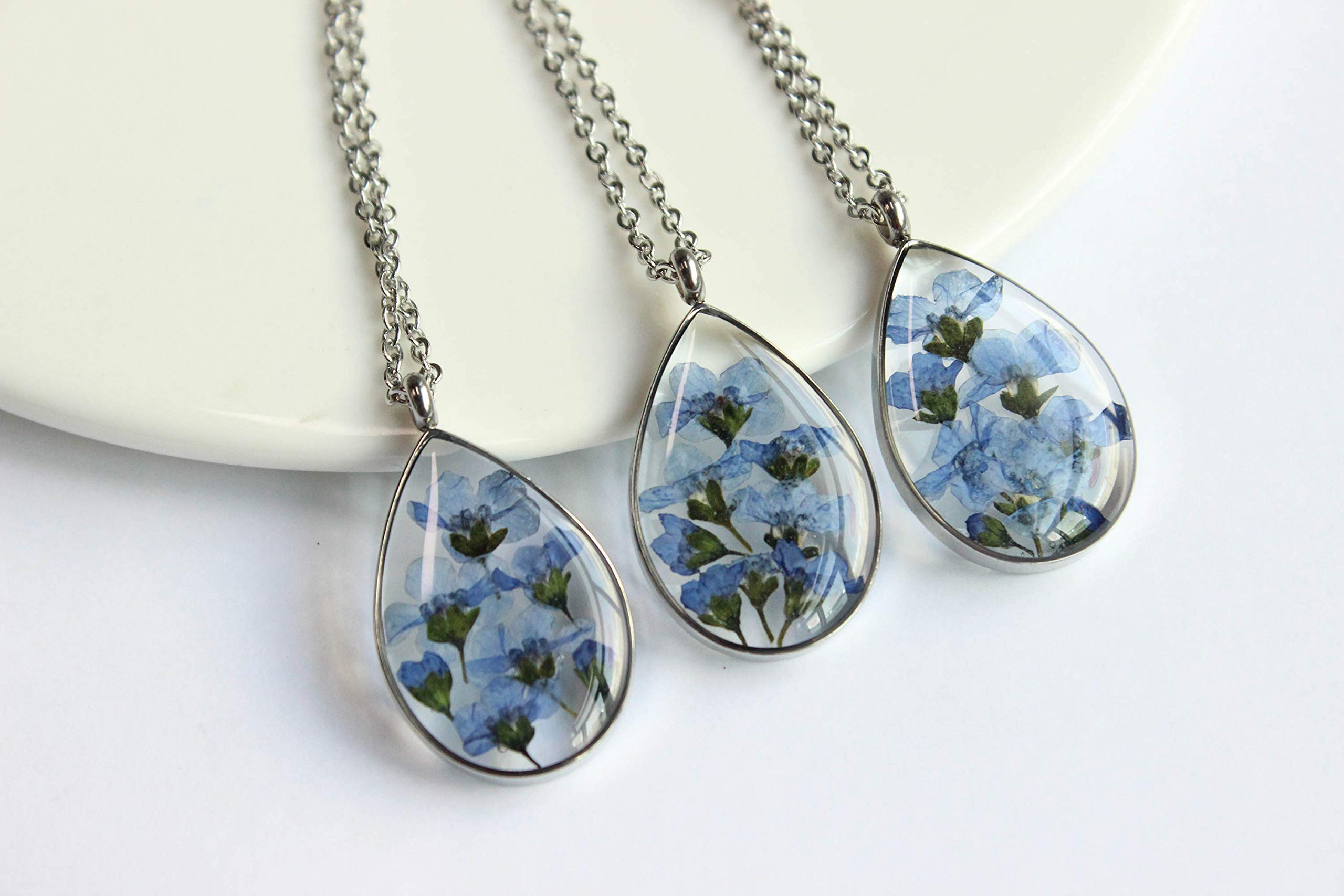 SI EASY Forget Me Not Pressed Flower Necklace, Blue Floral, Real Dried, Botanical Nature, Teardrop Modern Pendant, Girlfriend Gift, Mothers Day