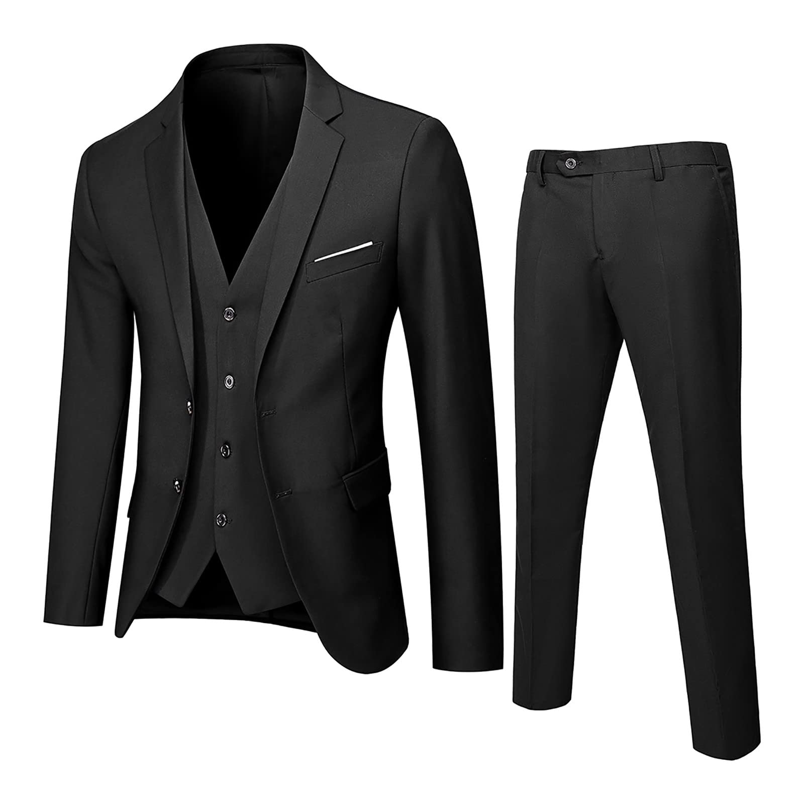 Men's 3 Piece Slim Fit Suit Set, 4 Button Blazer Jacket Vest Pants, Solid Color Wedding Dress Tuxedos and Trousers Suits Sets A-Black
