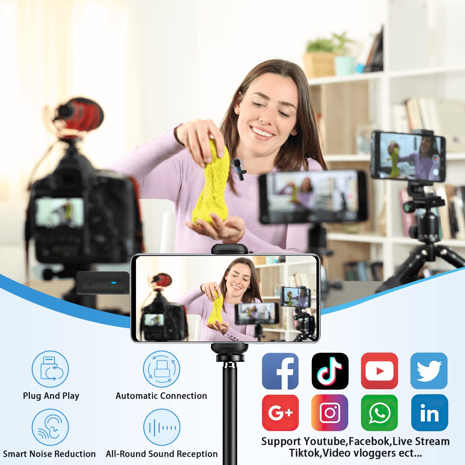 Wireless Lavalier Microphone Mini Mic - Lapel Microphones for iPhone/Android Phone/Camera/Laptop/GoPro,Plug-Play Clip-on Mics Video Recording,Livestream,YouTube,Facebook,TikTok,Vlog