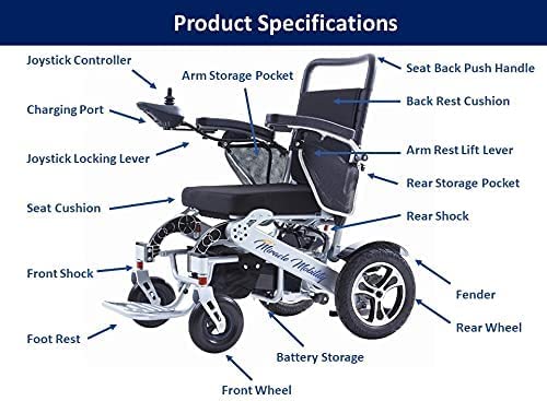 Miracle Mobility Platinum 8000 Electric Wheelchair, 61 LBS, Foldable, Aluminum, Portable, Compact, with Two Powerful Motors, Approved for Airline Travel (Silver)